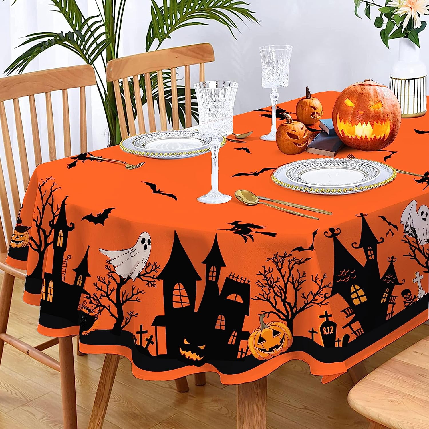 Oval Halloween Tablecloth 60x102Inch, Scary Pumpkin Spooky Castle Witch ...