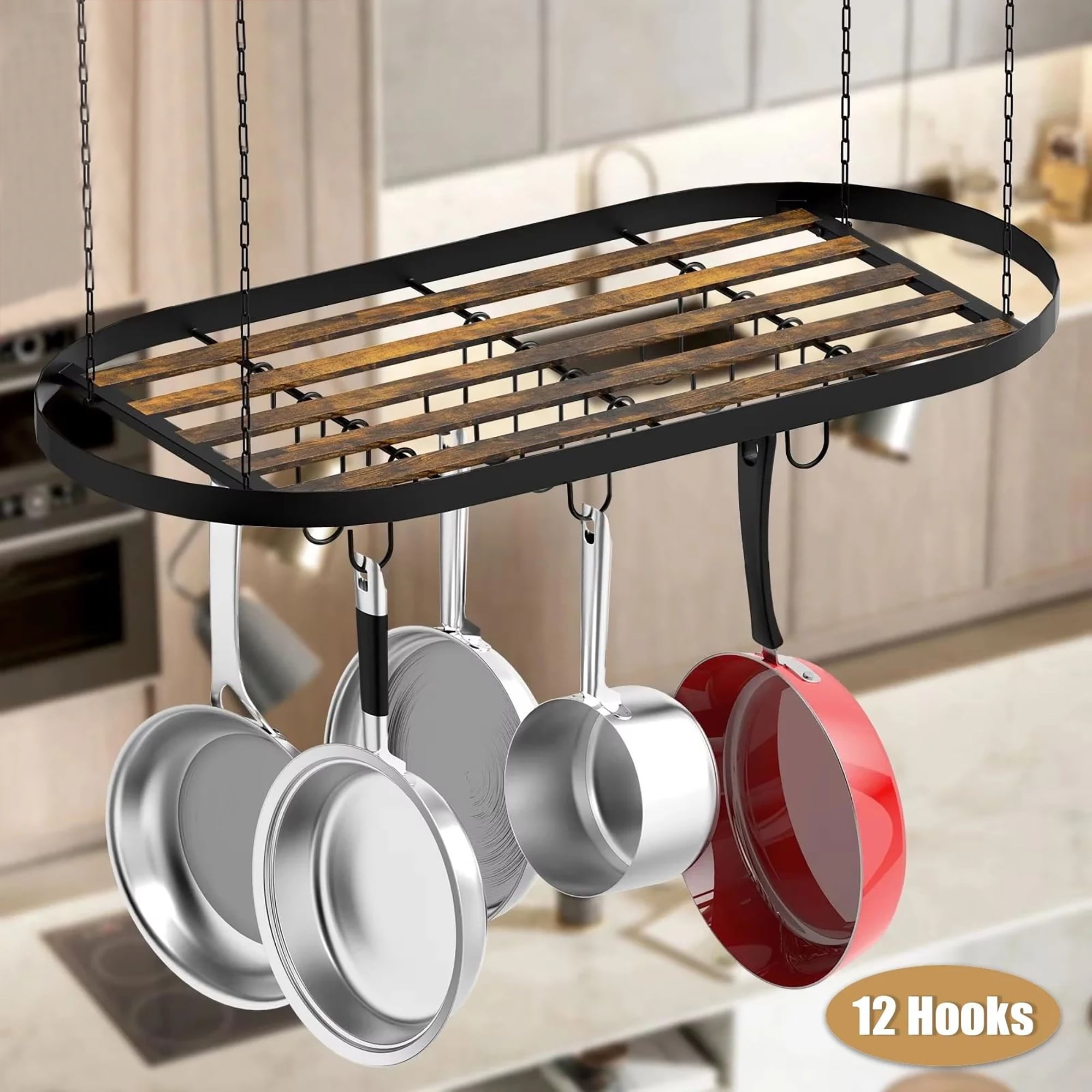 Oval Hanging Pot Rack with 12 Hooks – Ceiling Mount Kitchen Cookware ...
