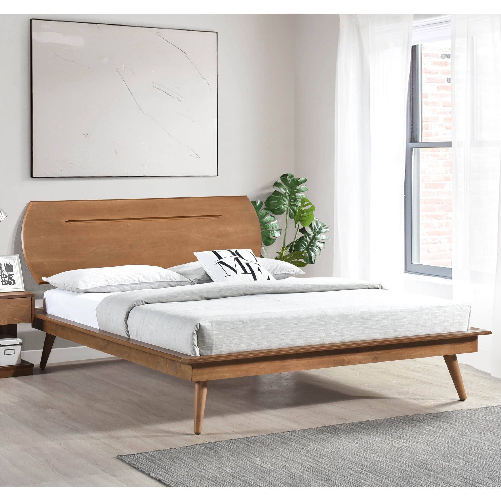 Oval Headboard Queen Platform Bed In Brown, Bedroom Wood Variety Wooden ...