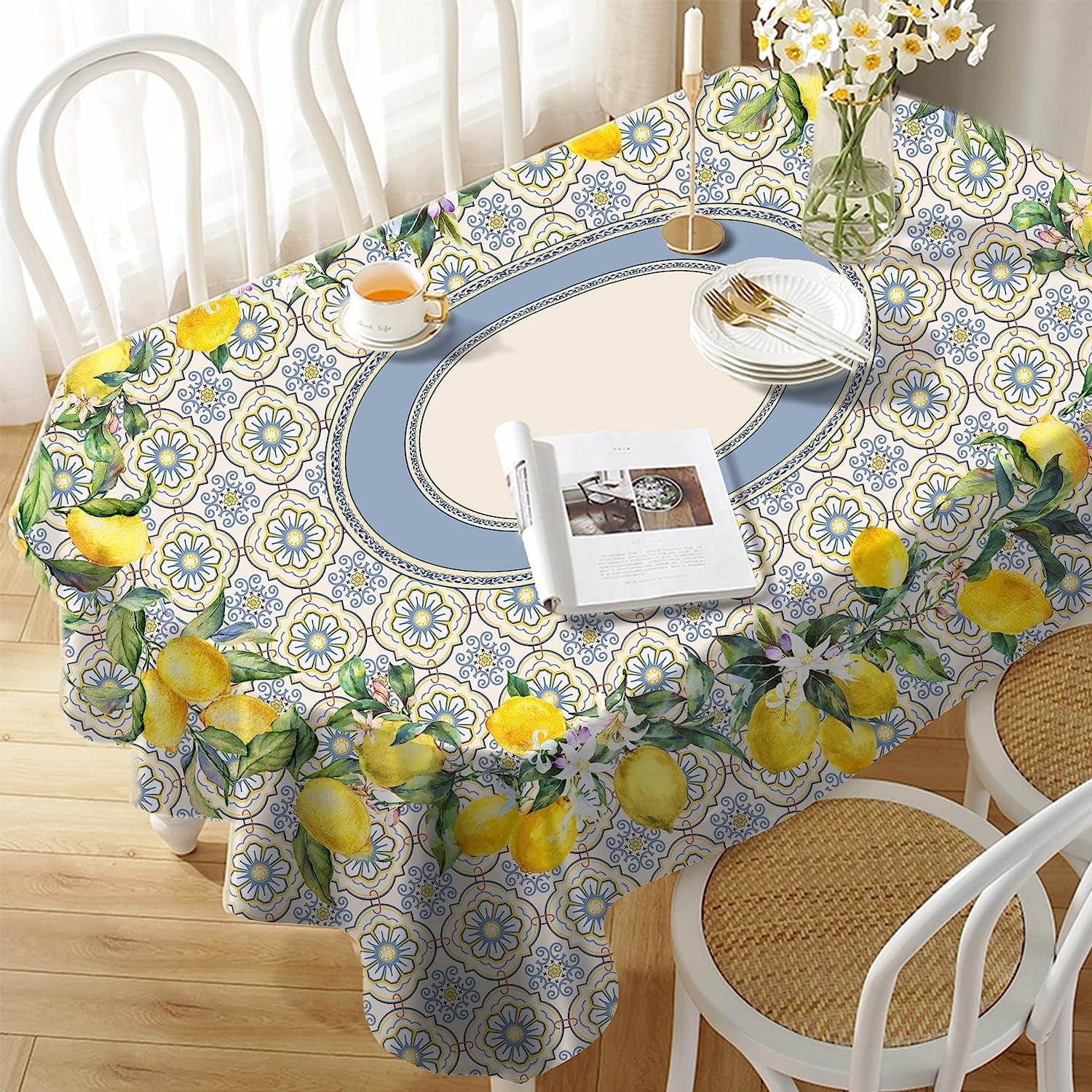 Oval Lemon Tablecloth 54x72inch, French Lemon Country Farmhouse Spring ...