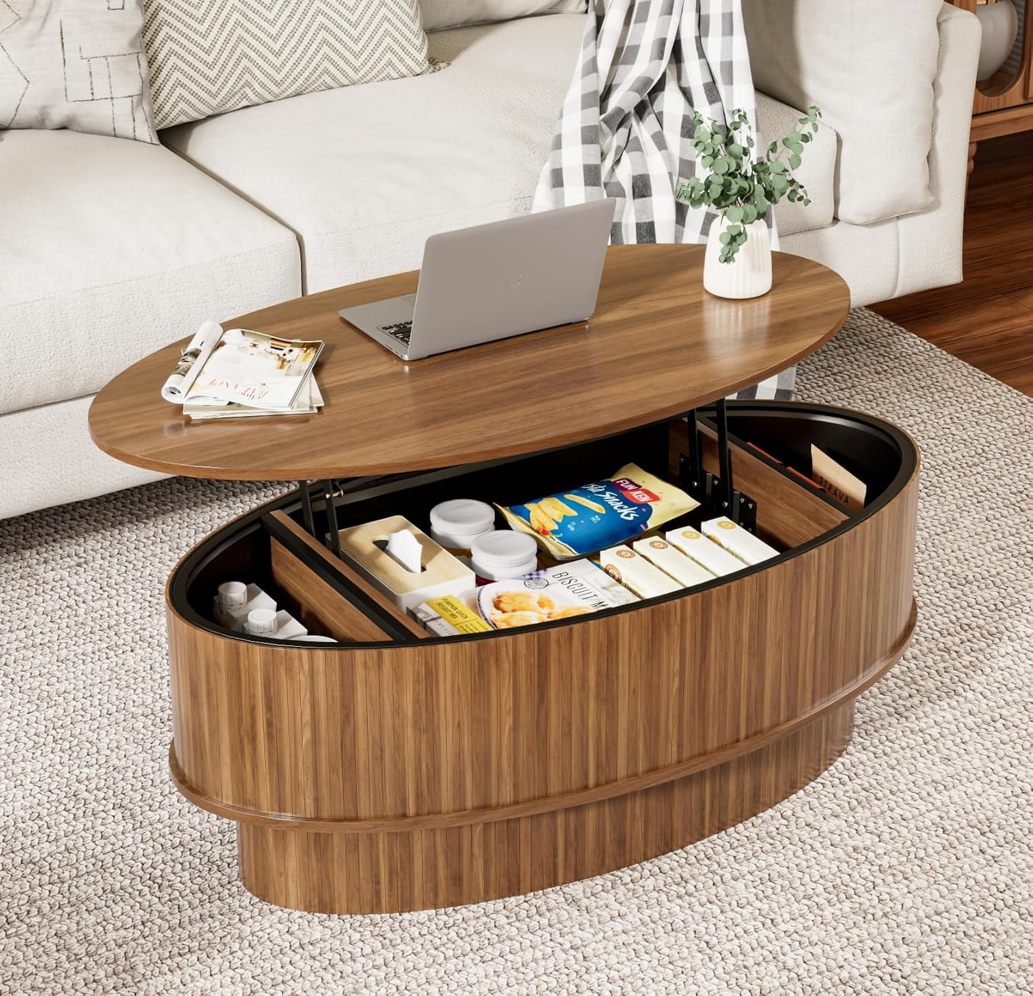 Oval Lift Top Coffee Table with Hidden Storage, 41 Inch Small Coffee ...