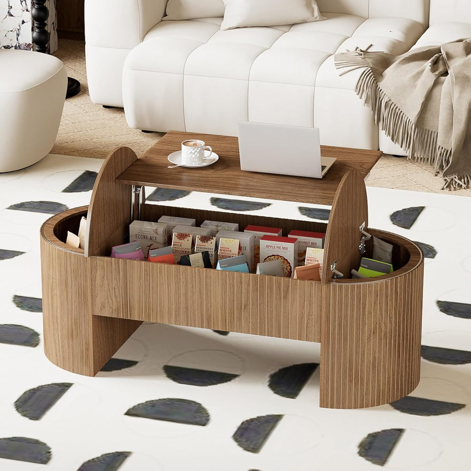 Oval Lift Top Coffee Table with Hidden Storage, Mid Century Modern ...