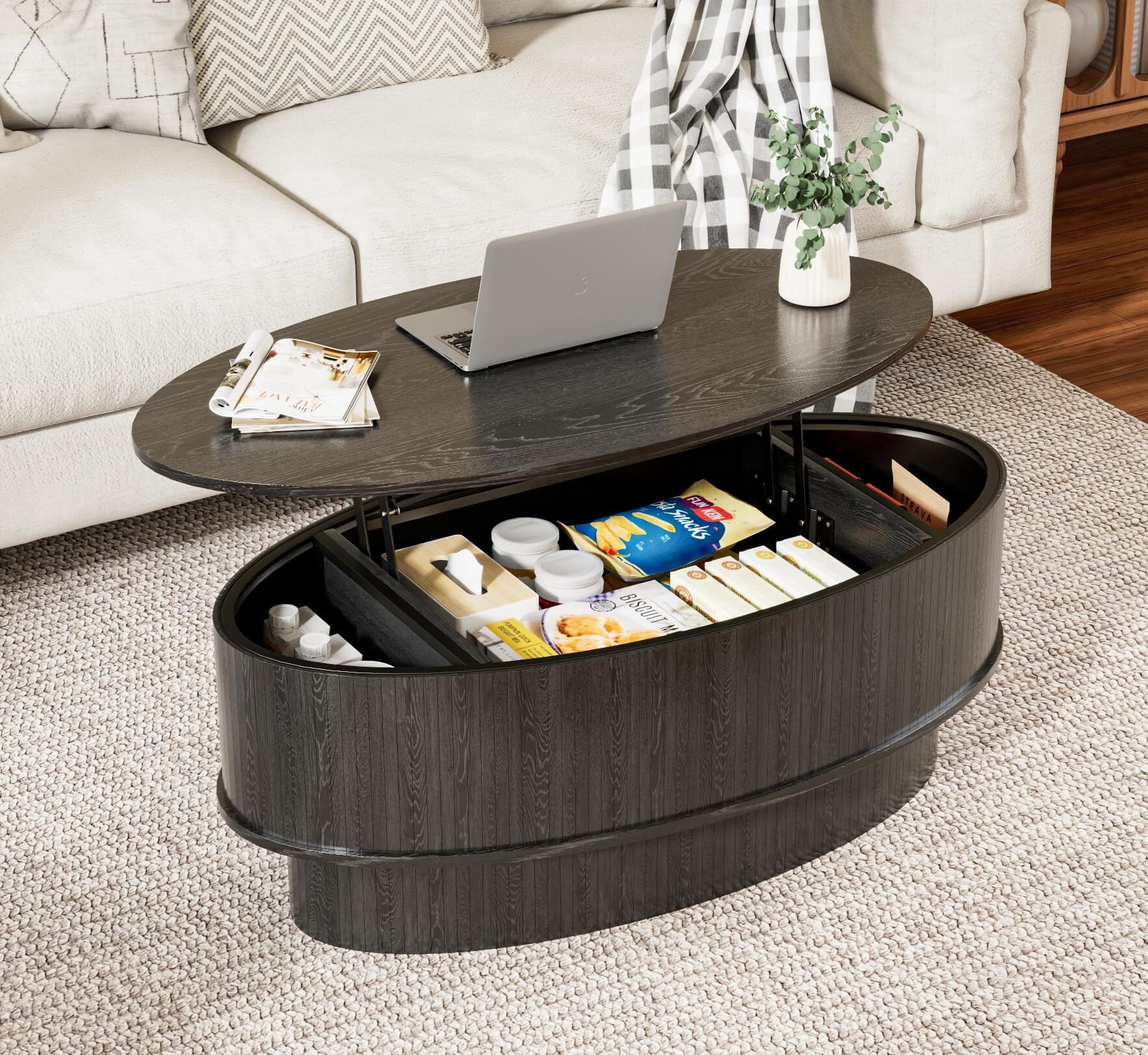 Oval Lift Top Coffee Table with Hidden Storage, 41 in Wooden Mid ...
