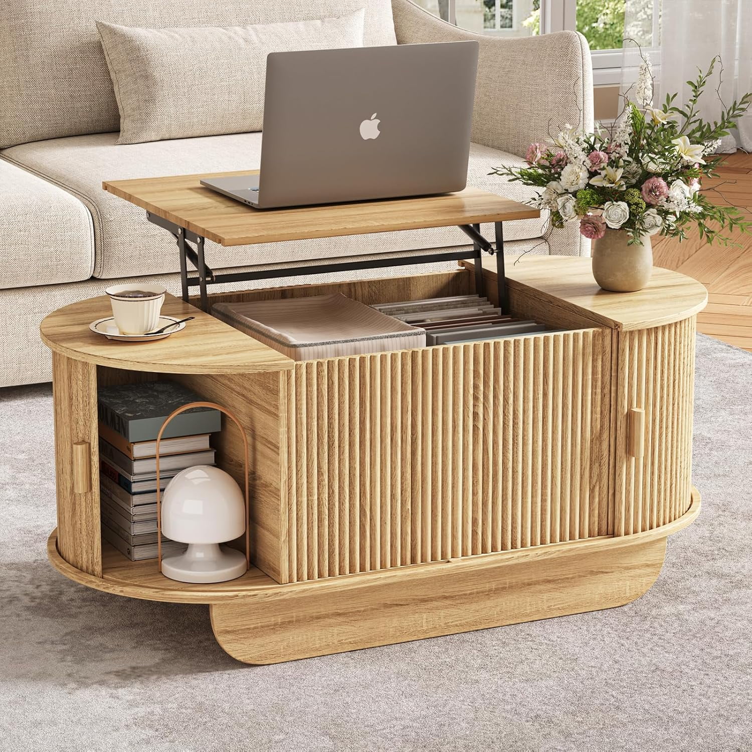 Oval Lift Top Coffee Table with Storage, Sliding Doors & Hidden ...