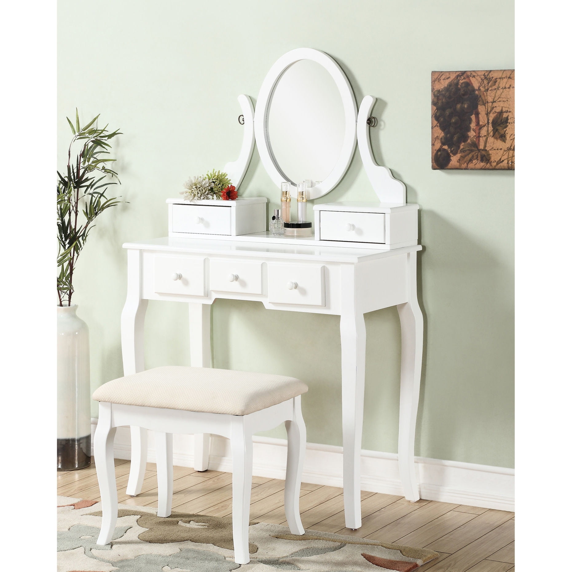 Oval Makeup Vanity Table with Swivel Mirrors and 5 Drawers for Storing ...
