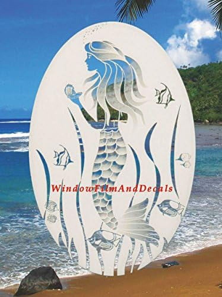 Oval Mermaid Etched Window Decal Vinyl Glass Cling - 15" x 23" - White ...