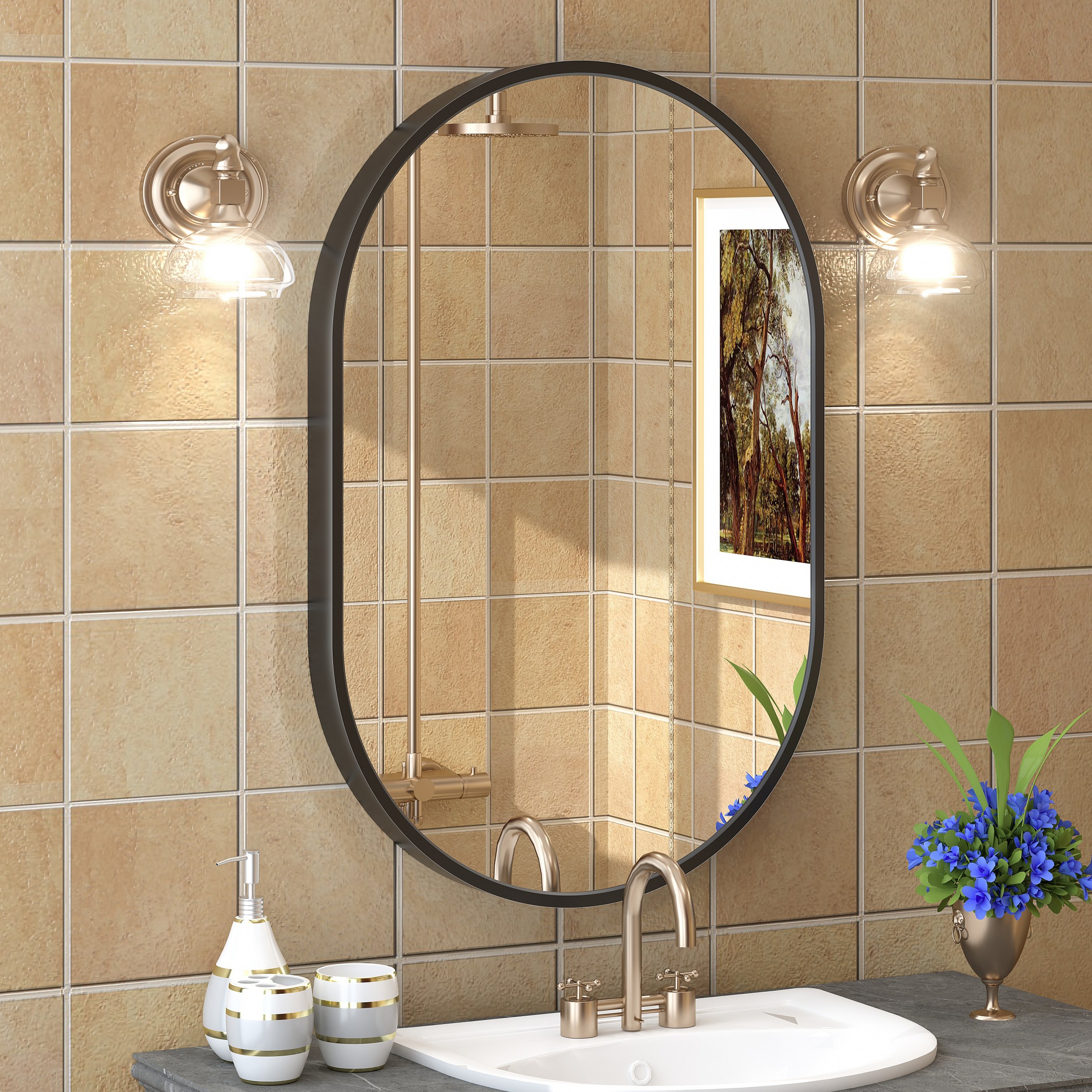Oval Mirror 20"x30" Black Aluminum Alloy Framed French Cleat Mounted ...