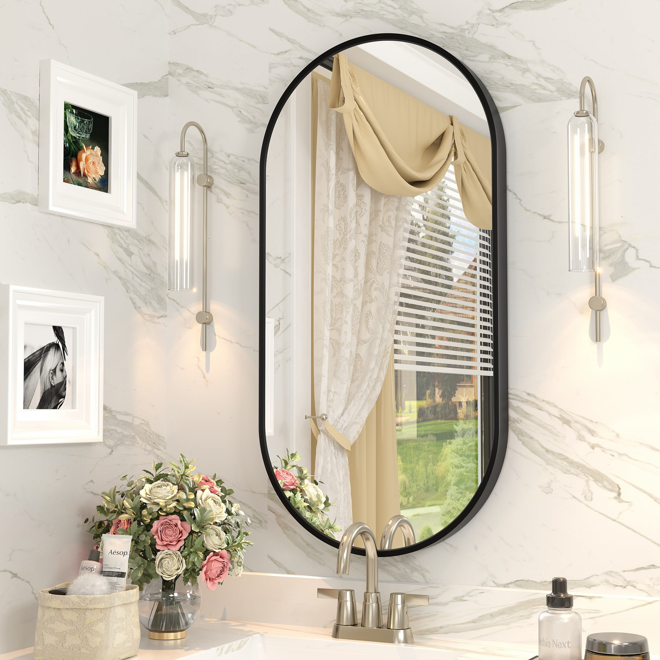 Oval Mirror 20"x40" Black Aluminum Alloy Framed French Cleat Mounted ...