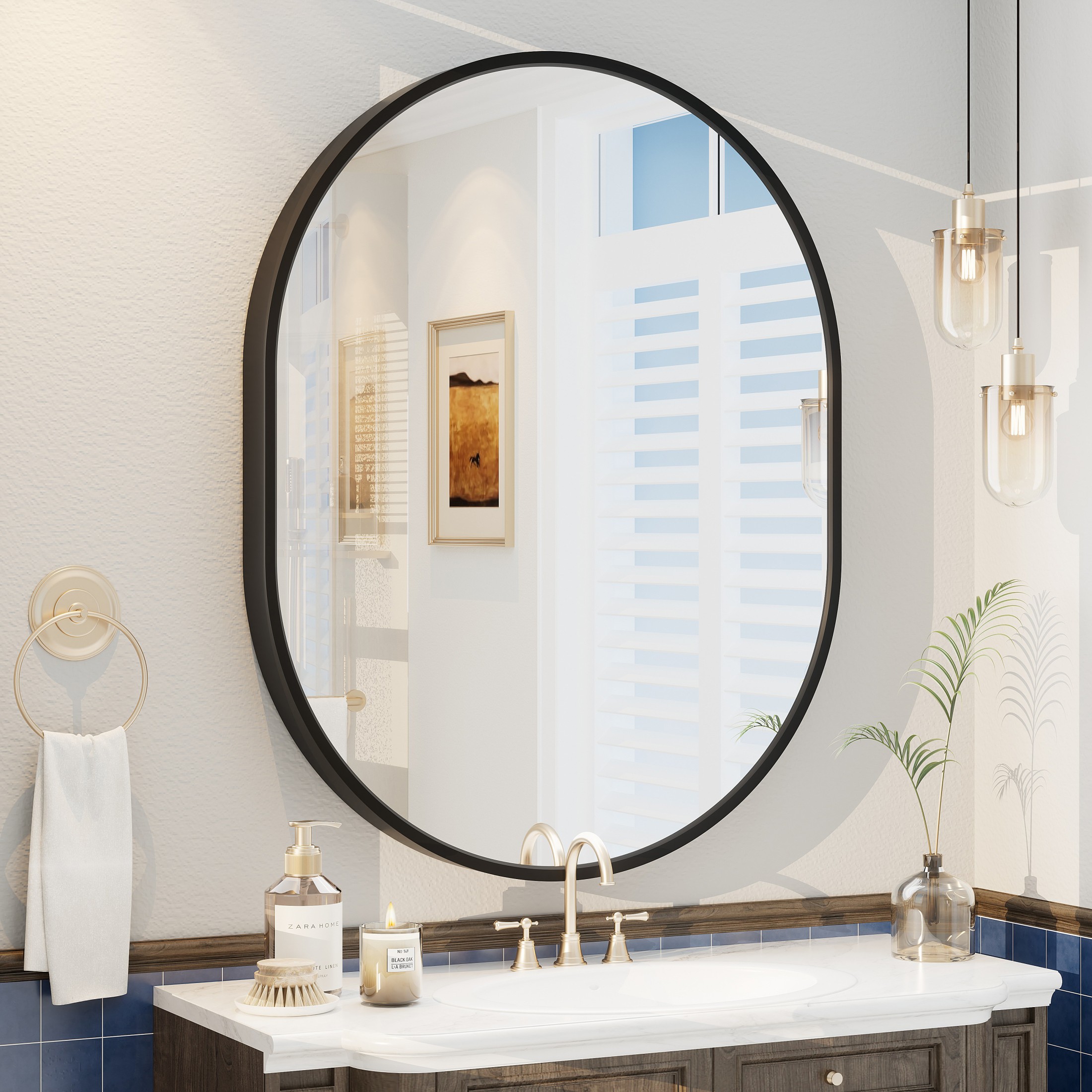 Oval Mirror 28"x36" Black Aluminum Alloy Framed French Cleat Mounted ...