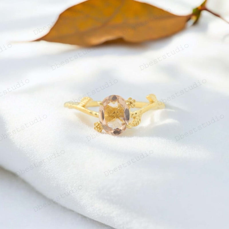 Oval Morganite Leaf Branh Ring Bridal Solitaire Stacking Ring Unique ...
