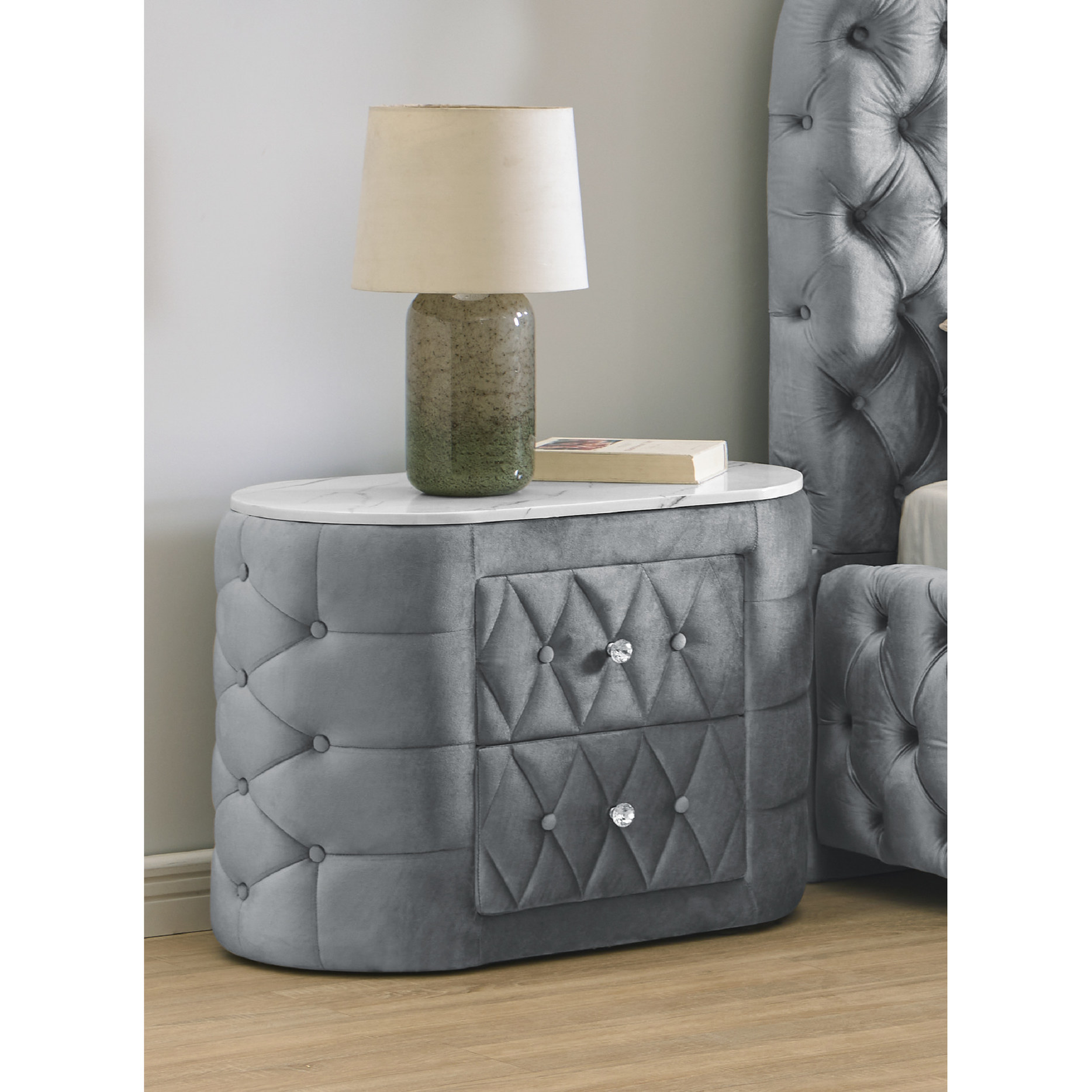 Oval Nightstand | Contemporary Bedroom Furniture with 2 Drawers | Faux ...