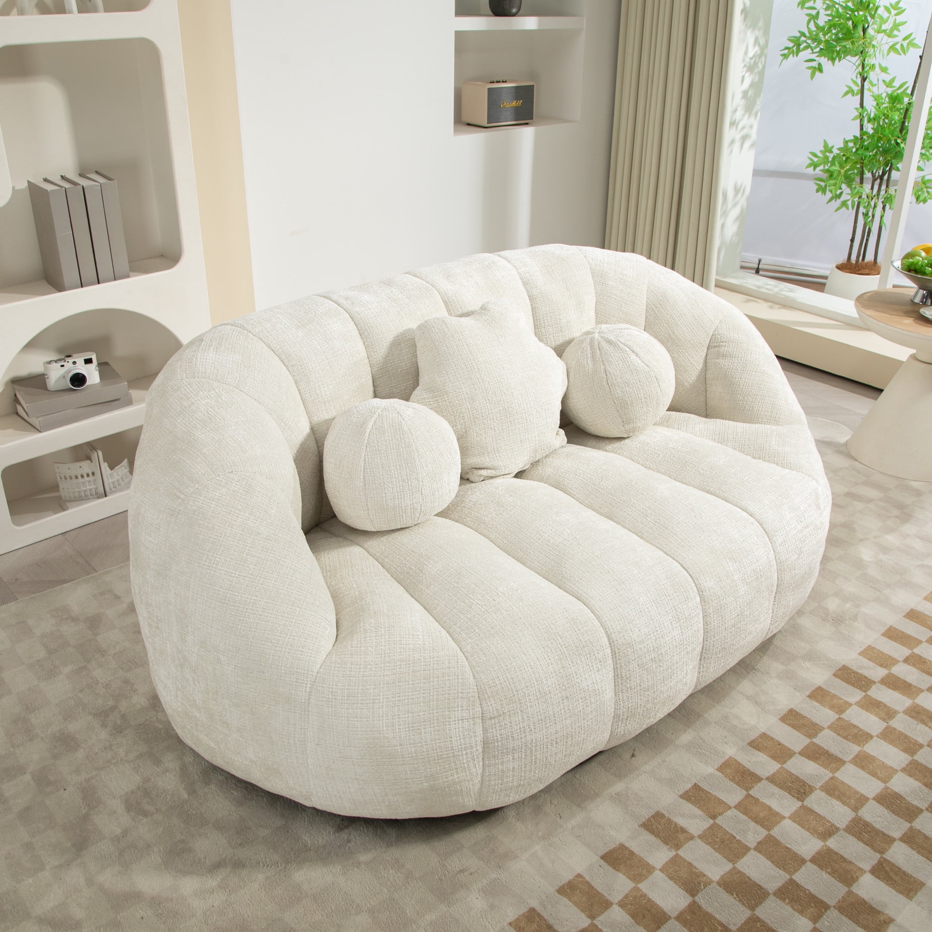 Oval Padded 2 Seats Lounger Chairs, Upholstered Bean Bag Couch with 3 ...