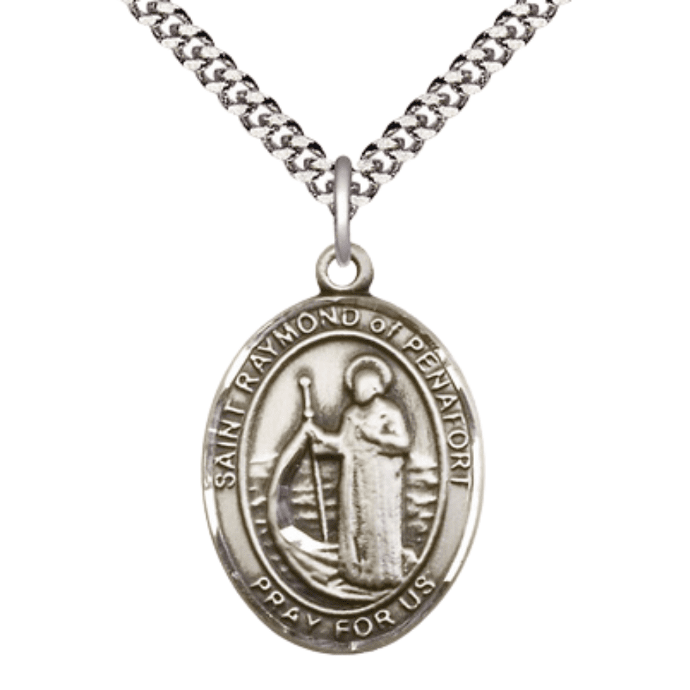 Oval Pewter Saint Raymond of Penafort Medal Pendant on 24 inch Rhodium ...