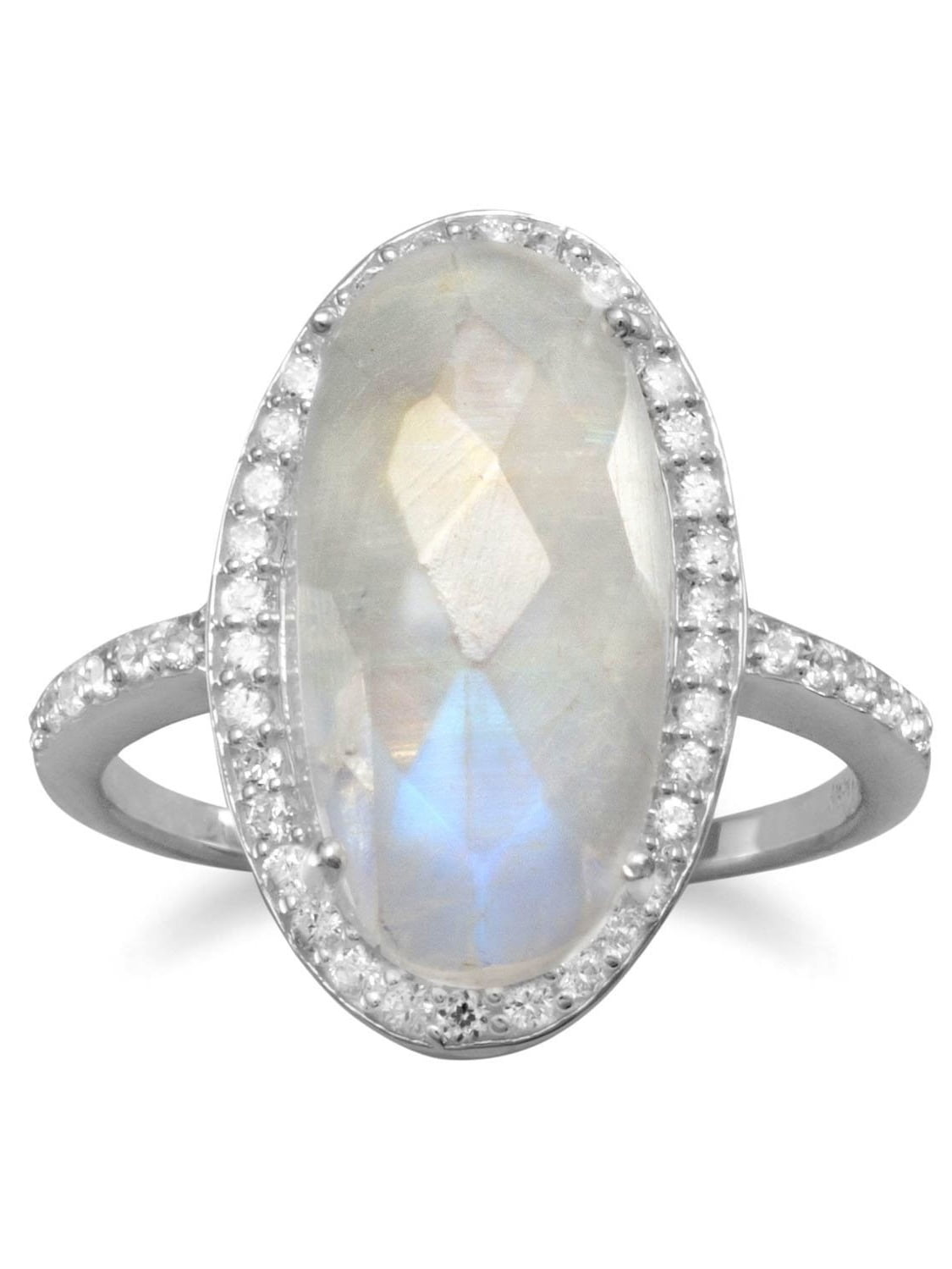 Oval Rainbow Moonstone Ring with Cubic Zirconia Halo Sterling Silver ...