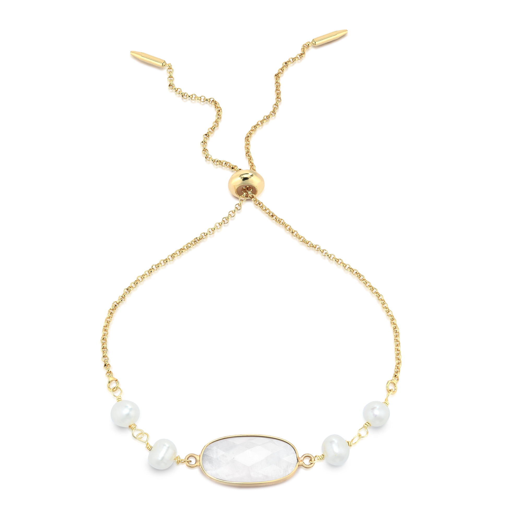 Oval Shaped White Quartz with Pearls Gold-Plated Pull String Bracelet ...