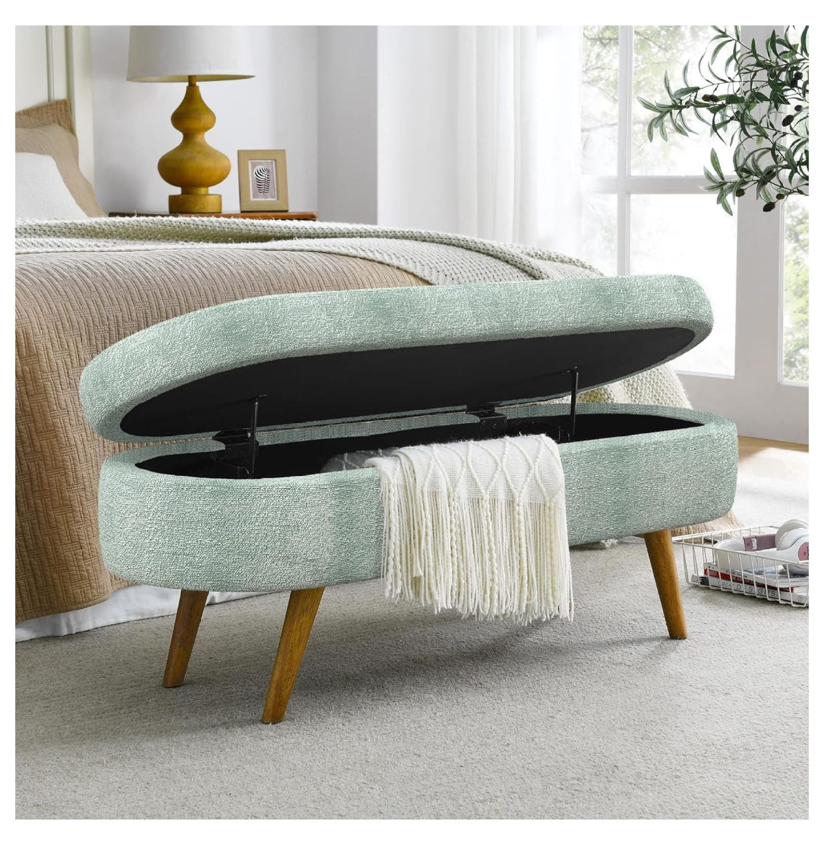 Oval Storage 43.5" Linen Fabric Upholstered Entryway with Solid Wood ...