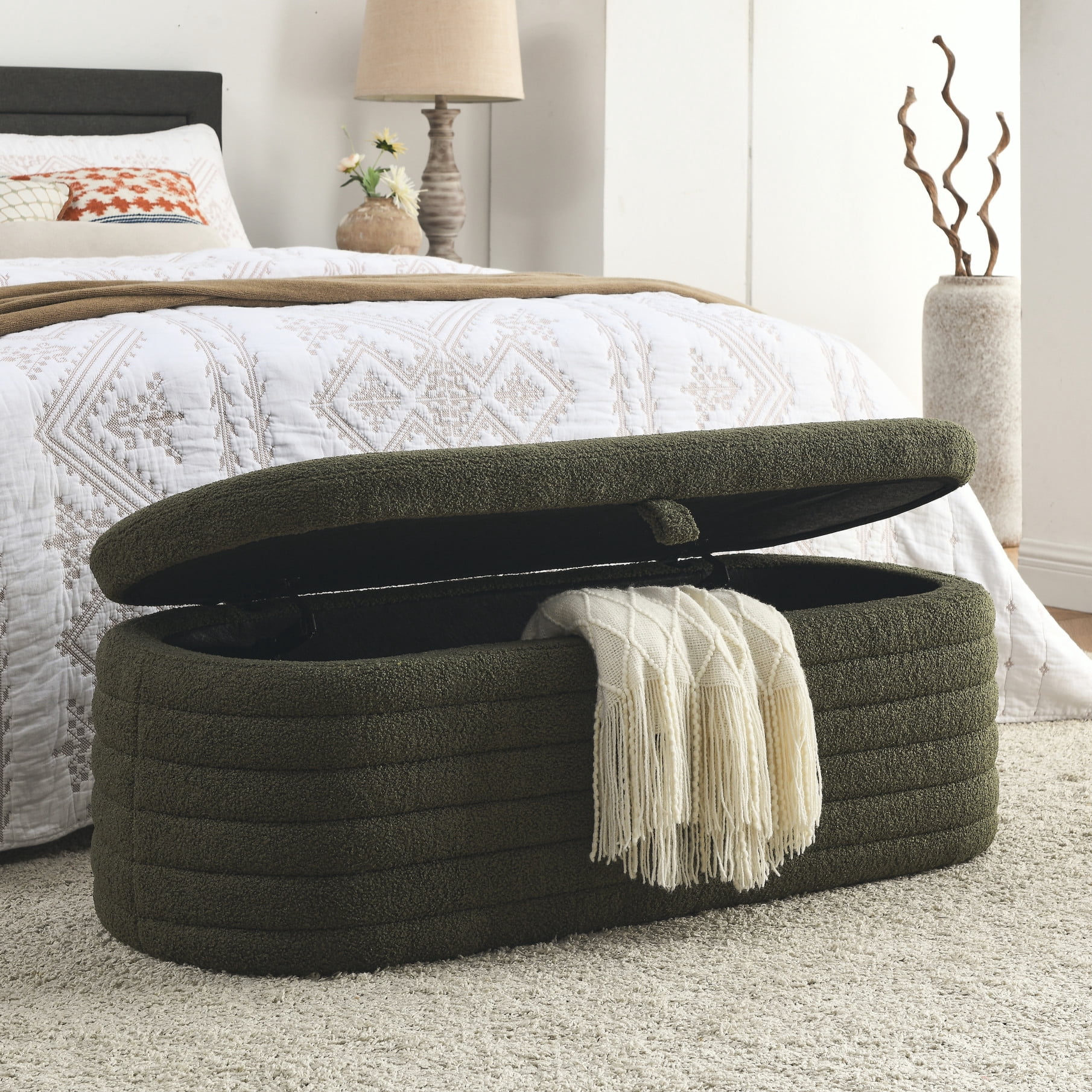 Oval Storage Bench, 45.5" Teddy Upholstered Ottoman Entryway Bench with ...