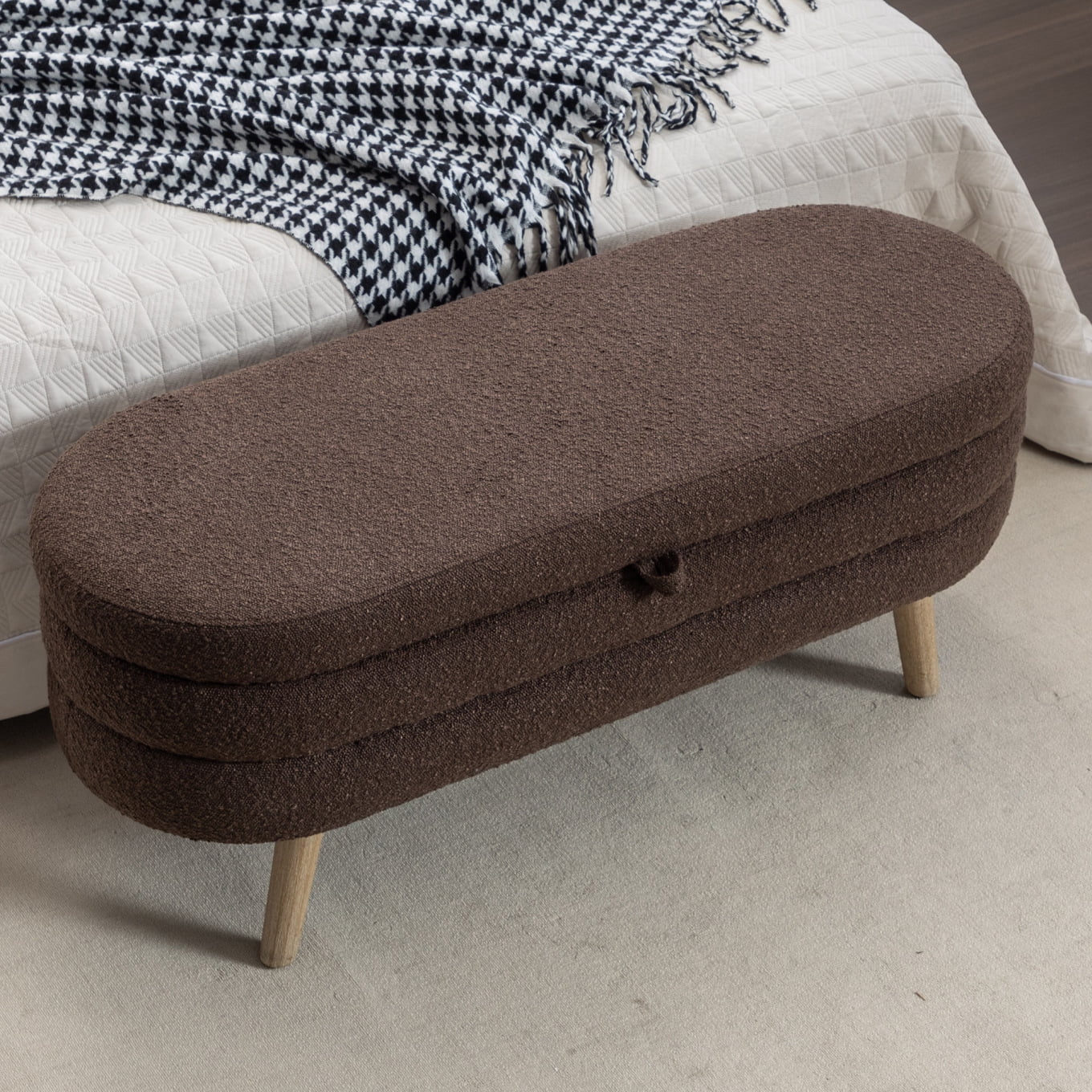 Oval Storage Bench, Boucle Fabric Upholstered Bench with Wood Legs ...