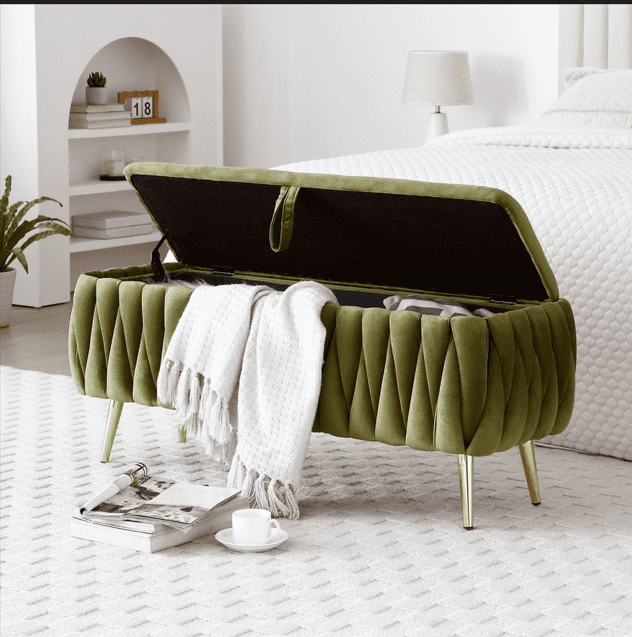 Oval Storage Bench with Gold Legs,Velvet Fabric ,Woven,Upholstered ...