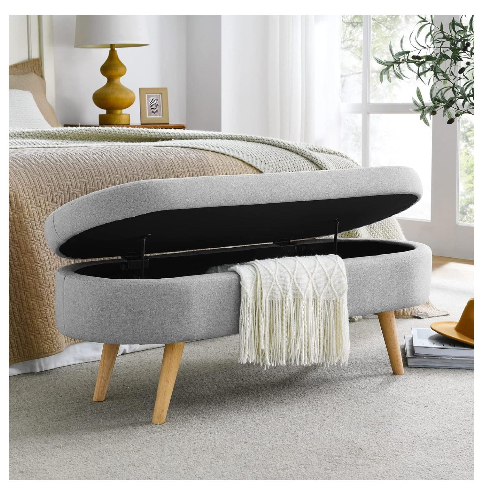 Oval Storage Bench, Linen Fabric Upholstered Bench with Solid Wood Legs ...