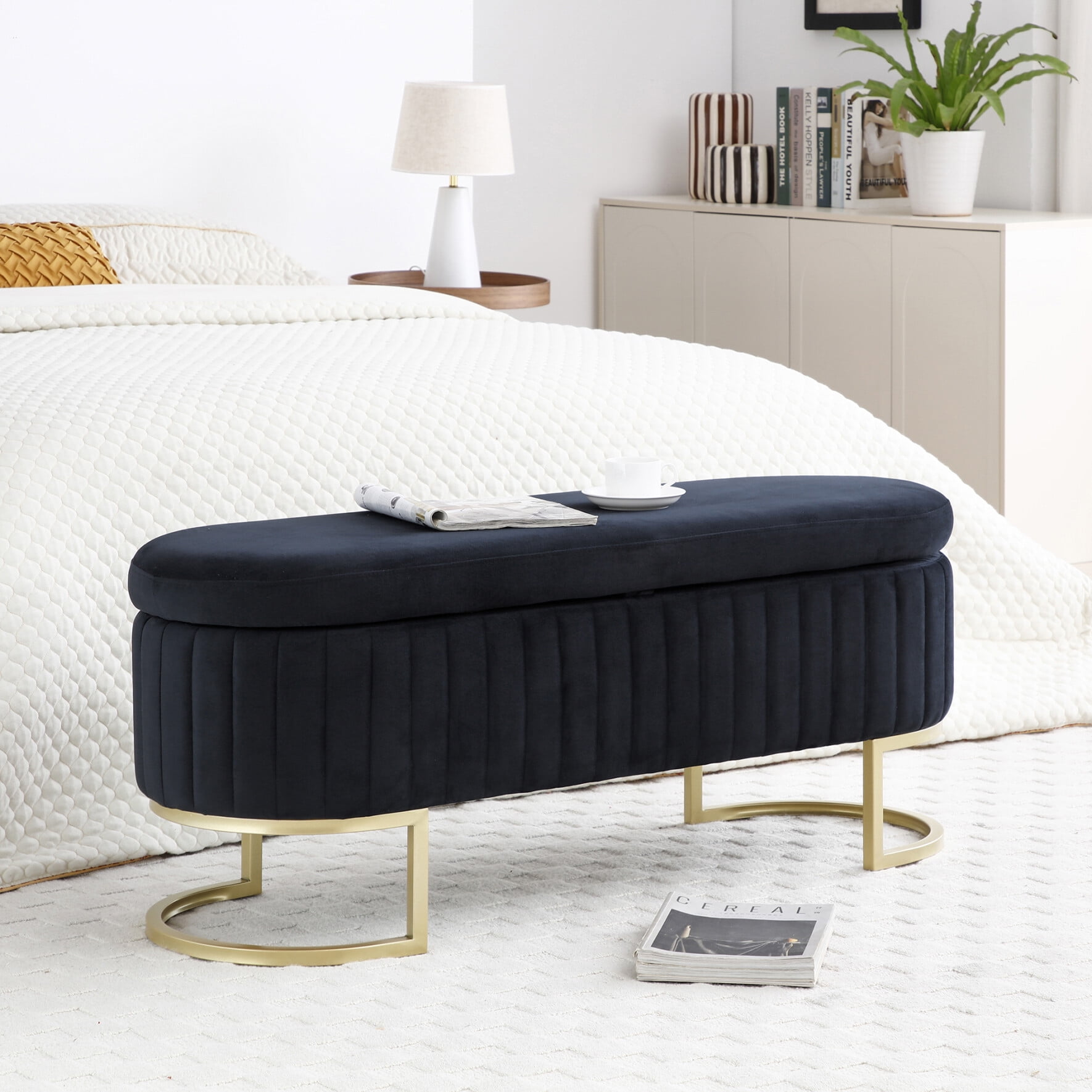 Oval Storage Bench with Metal Base, Velvet Bedroom Bench with Storage Space, Upholstered Storage ...