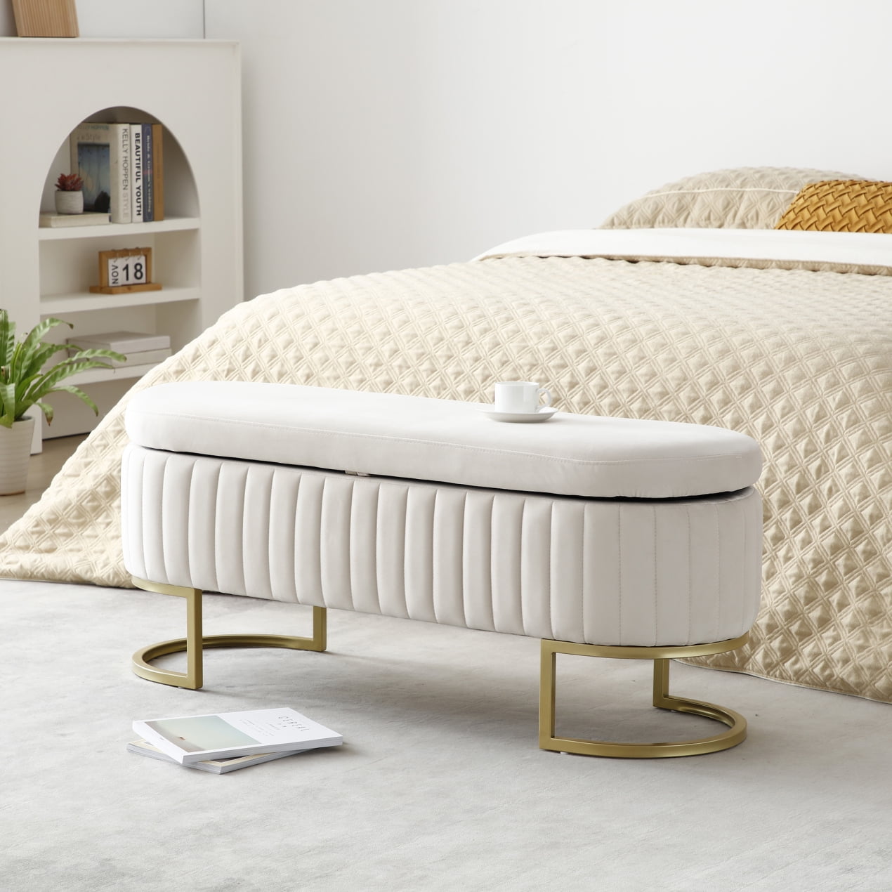 Oval Storage Bench with Metal Base, Velvet Bedroom Bench with Storage ...