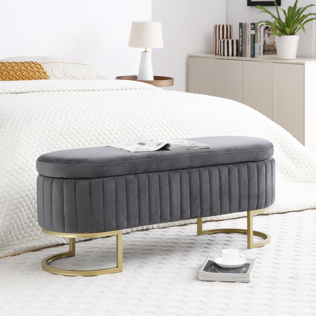Oval Storage Bench with Metal Base, Velvet Bedroom Bench with Storage ...