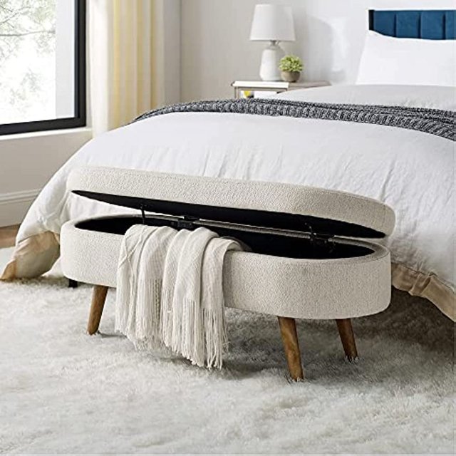 Oval Storage Bench and Seating - 43.5" Linen Fabric Upholstered Indoor ...