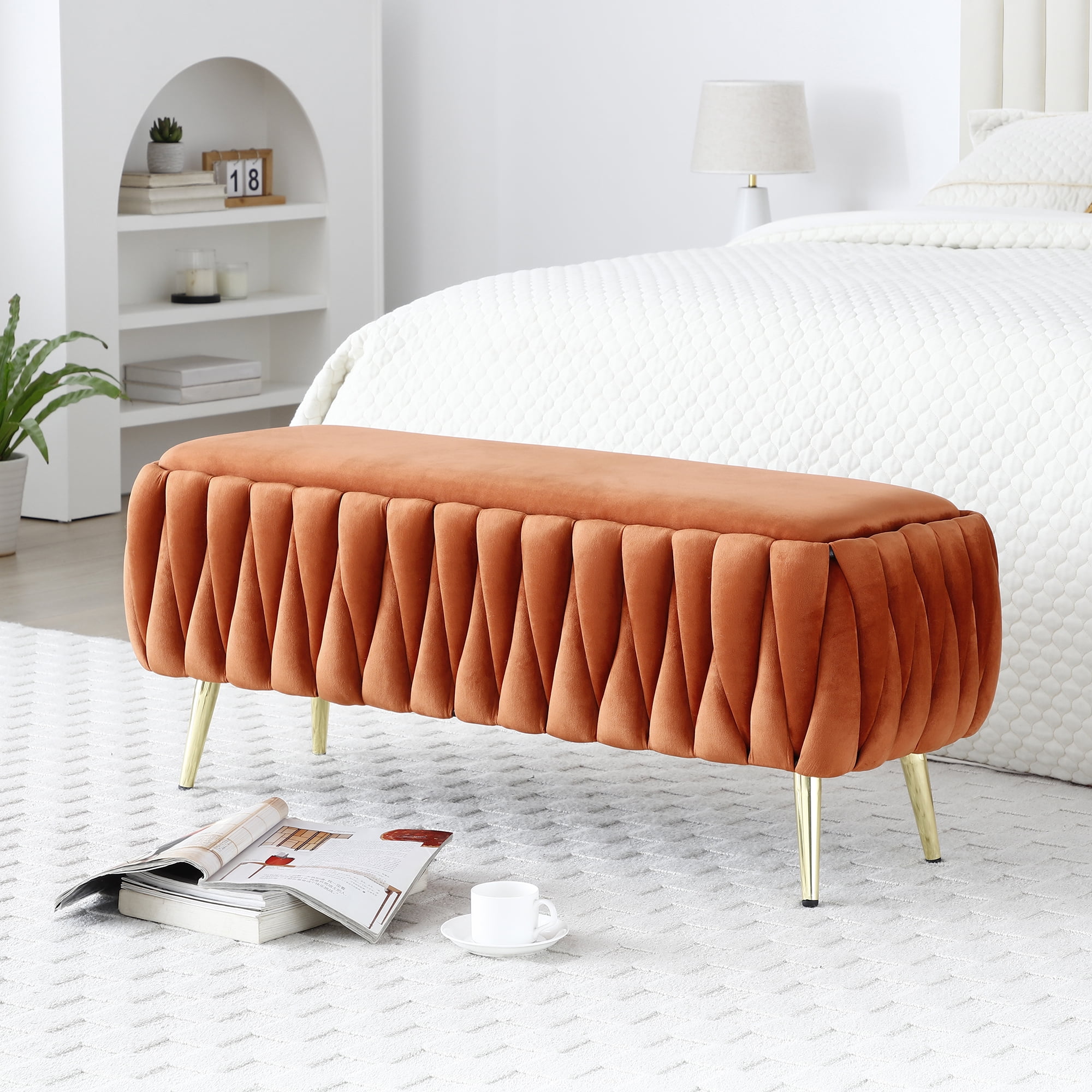 Oval Storage Bench With Gold Legs,Velvet Fabric ,Woven,Upholstered ...
