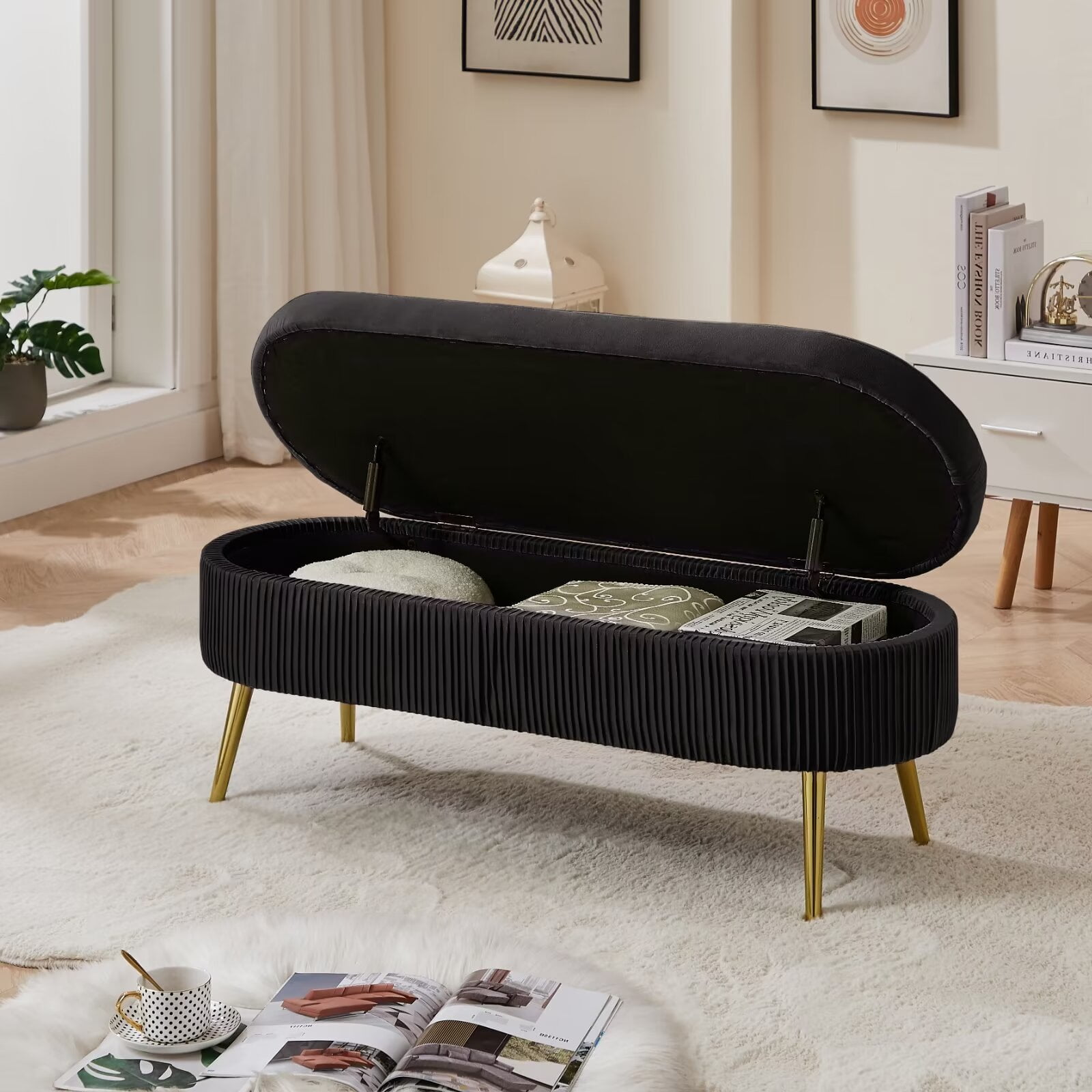 Oval Storage Ottoman Bench, 43.3inch Velvet Upholstered Button Accent ...
