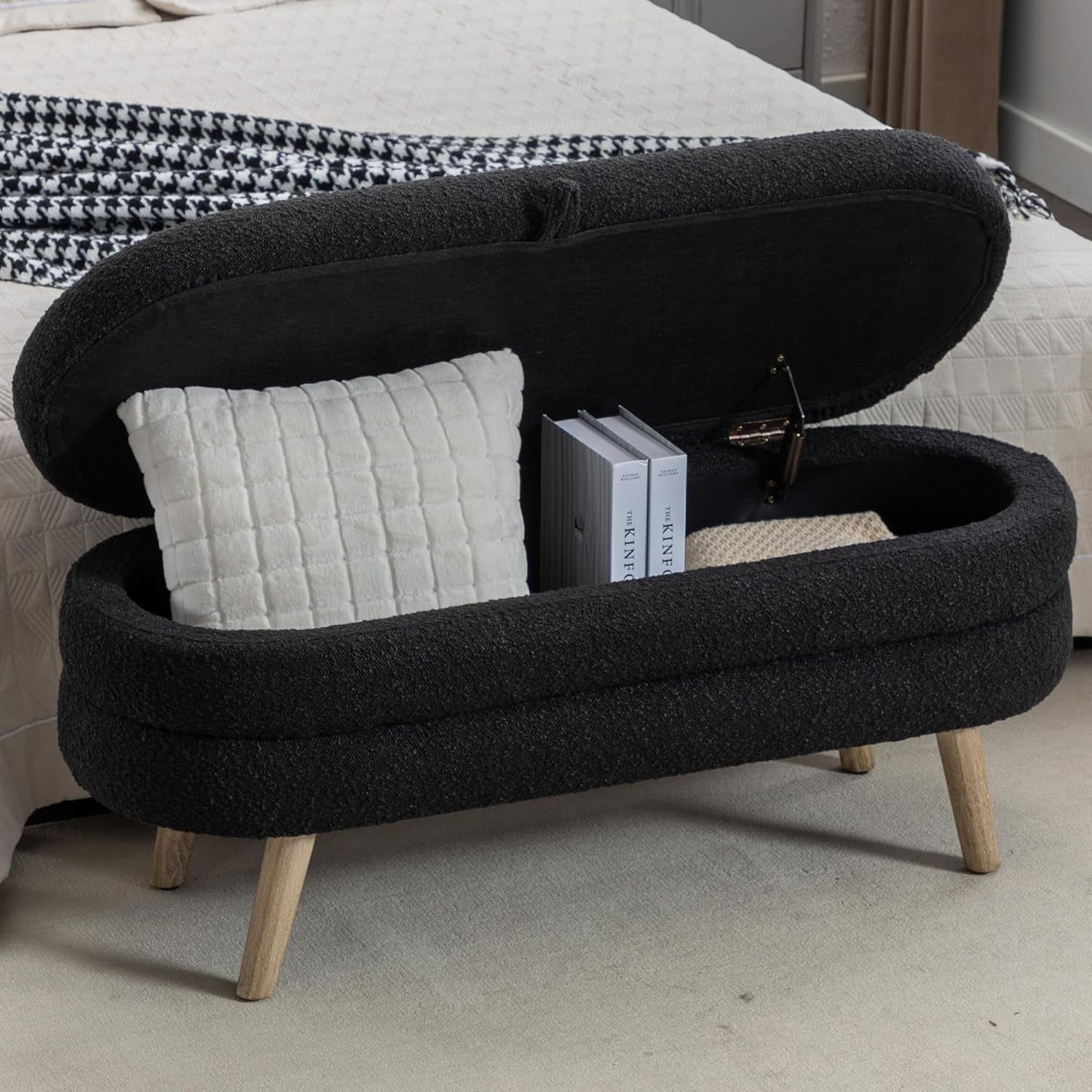 Oval Storage Ottoman Bench,Black Storage Chest,with Solid Wood Legs ...