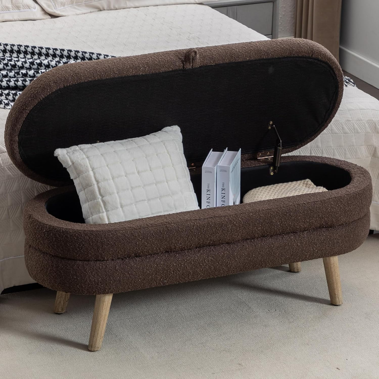 Oval Storage Ottoman Bench,Brown Storage Chest,with Solid Wood Legs ...