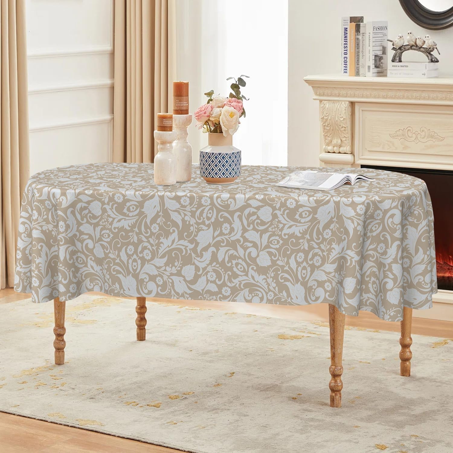 Oval Tablecloth 60 x 102 Inch, Vintage Floral Beige Oval Table Cloth ...