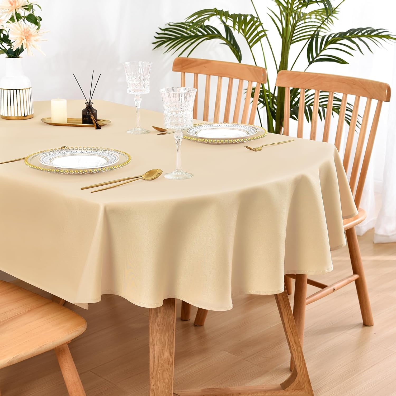 Oval Tablecloth 60 x 84 Inch Washable Fabric Table Cloth Solid Beige ...