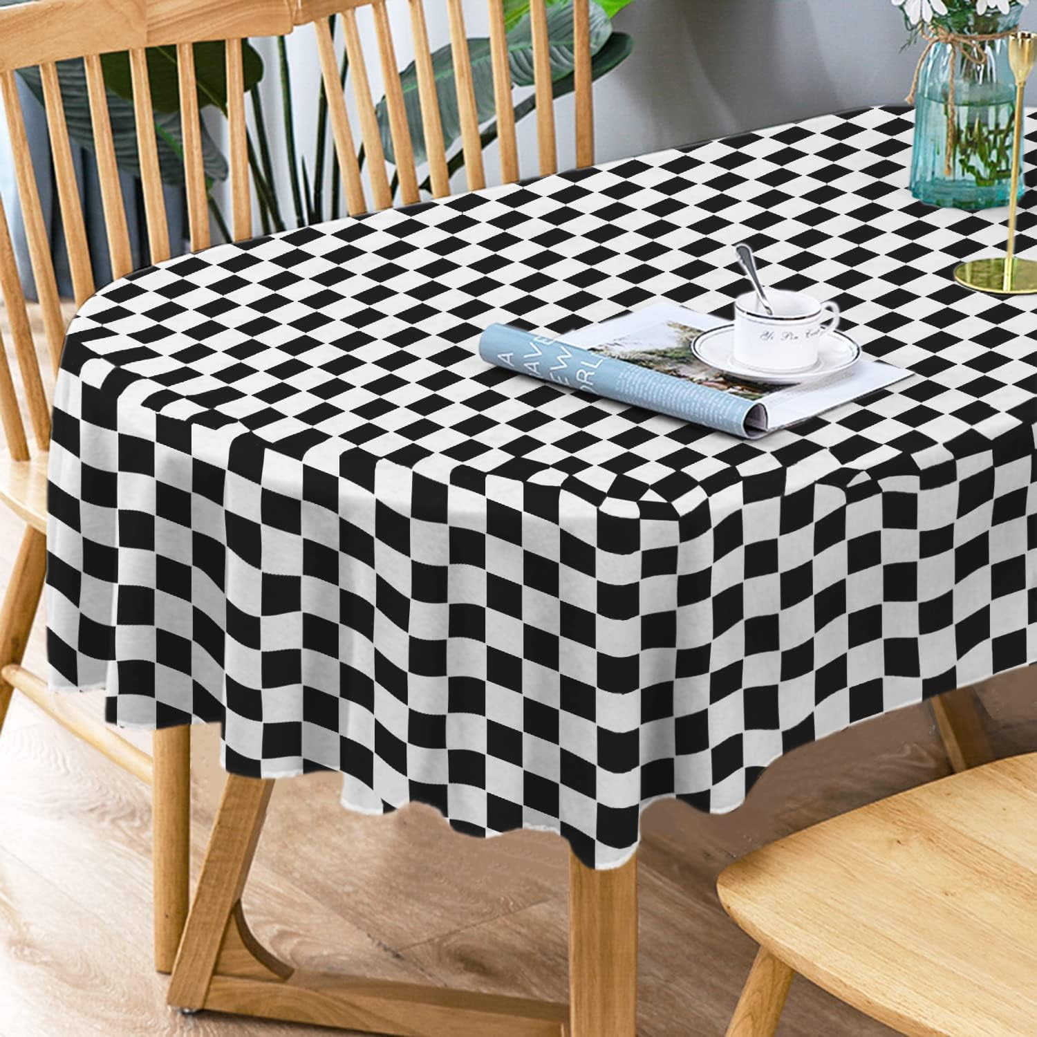 Oval Tablecloth Black And White Checkered Tablecloth, Modern Plaid Oval ...