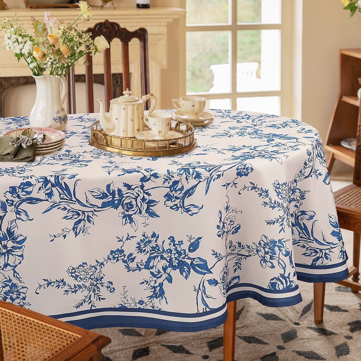 Oval Tablecloth Blue Floral Tablecloth, Modern Floral Oval Tablecloth ...
