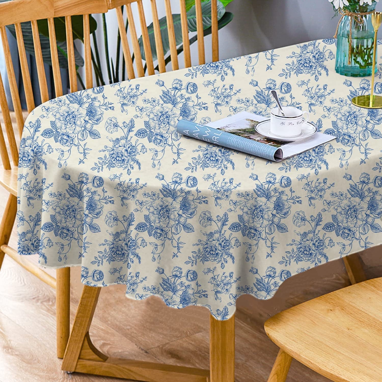 Oval Tablecloth Blue Floral Tablecloth, Modern Floral Oval Tablecloth ...