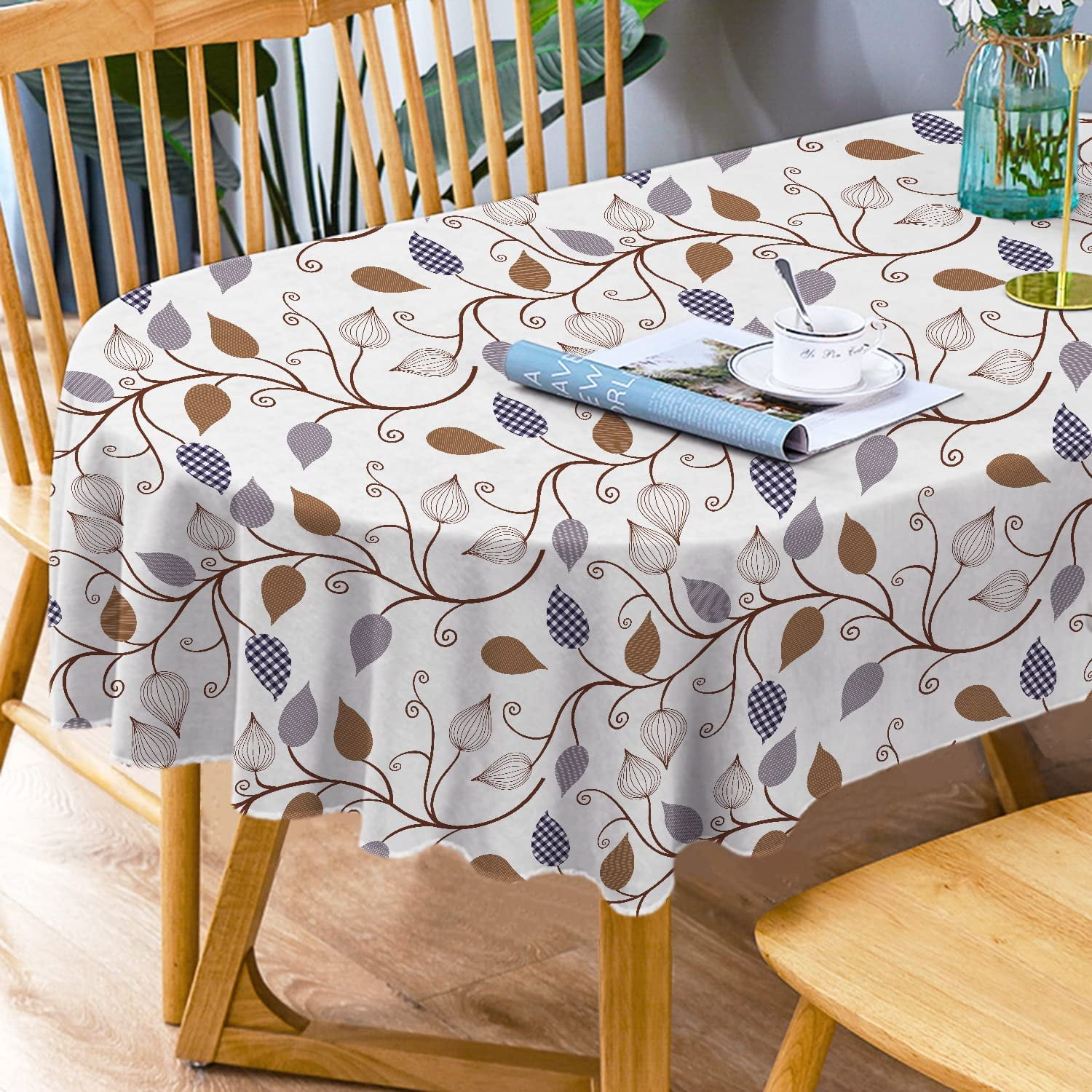Oval Tablecloth Brown Leaf Tablecloth, Modern Plaid Leaf Oval ...