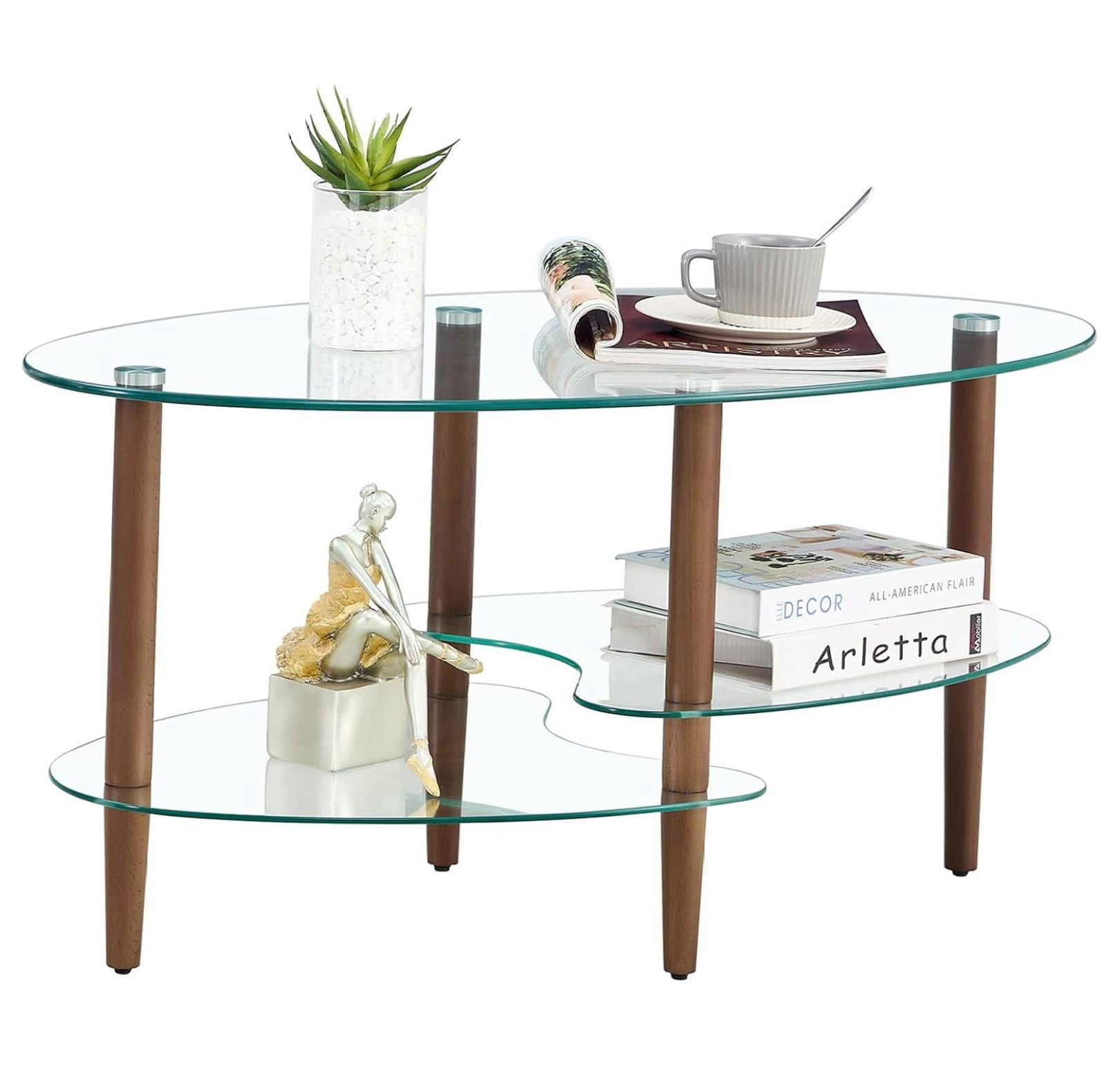 Oval Tempered Glass Coffee Table 3-Layer with Storage Oak Wood Leg ...