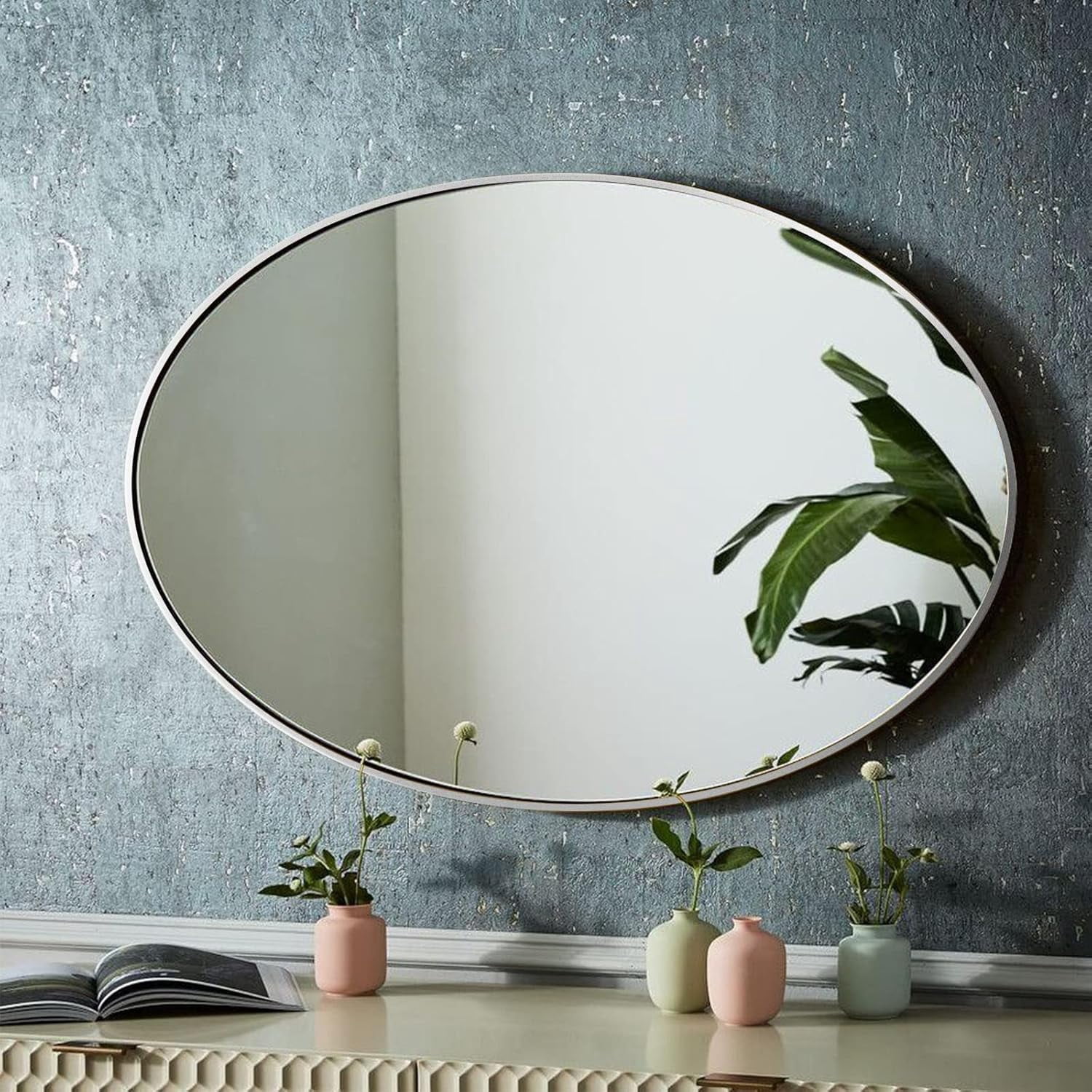 Oval Wall Mirror, Sand Silver Bathroom Mirror of Metal Frame, Upgrade ...