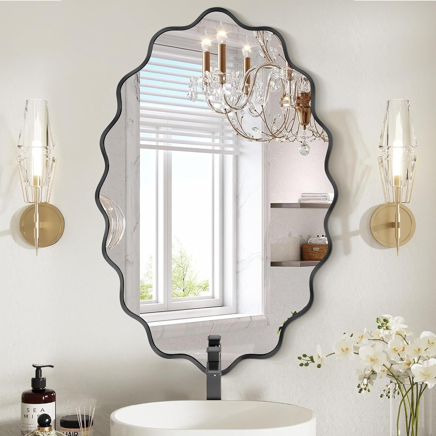 Oval Wavy Mirror - Irregular Wall Mirror 22"x30" Black Asymmetrical ...