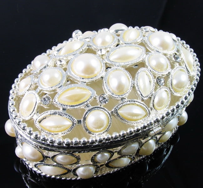 Oval White Pearl Rhinestone Jewelry Box Ring Necklace Earring Bracelet ...