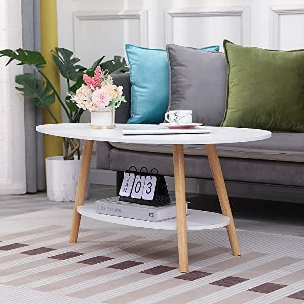 Oval Wood Coffee Table Modern Style Double Layer with Open Storage for ...