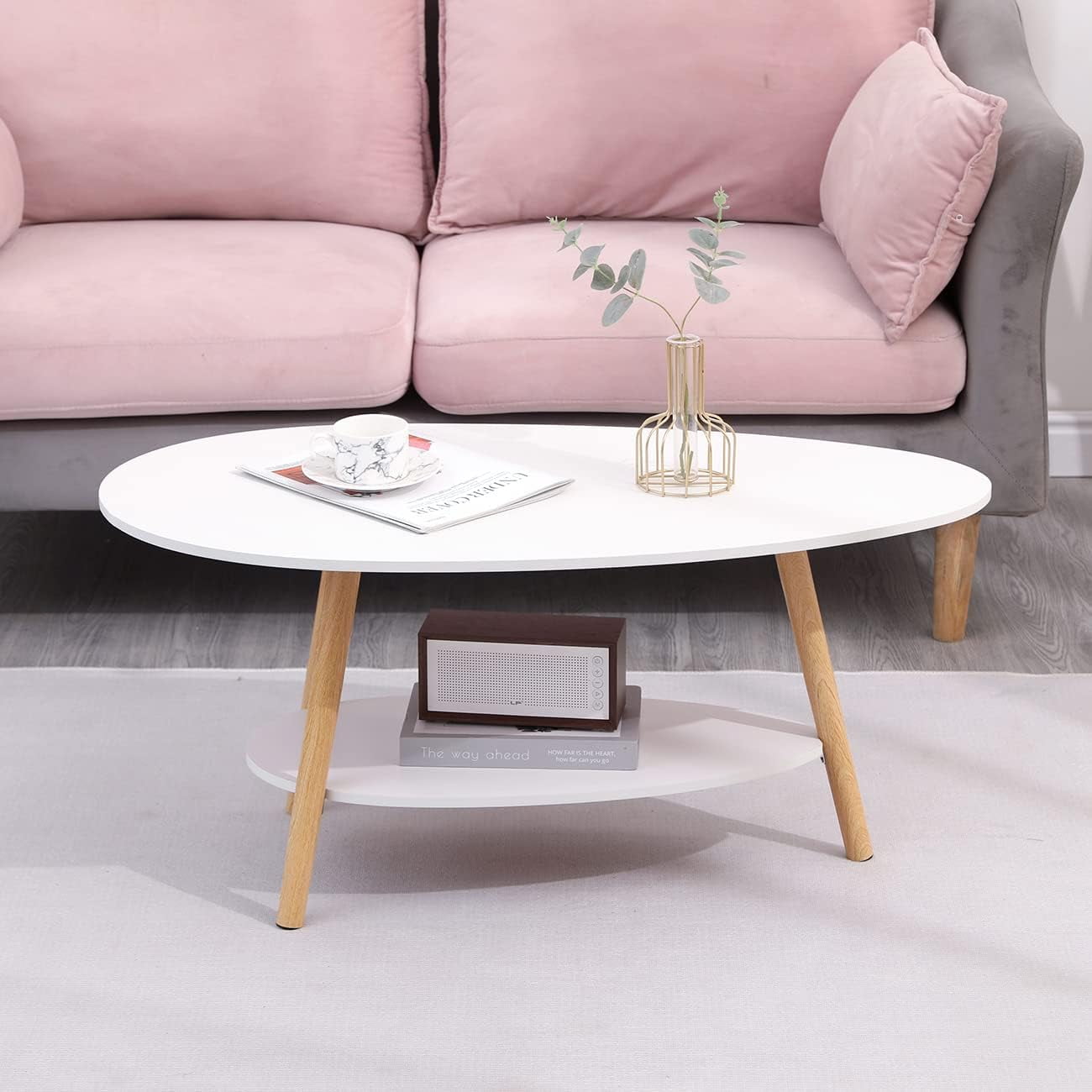 Oval Wood Coffee Table Modern Style Double Layer with Open Storage for ...