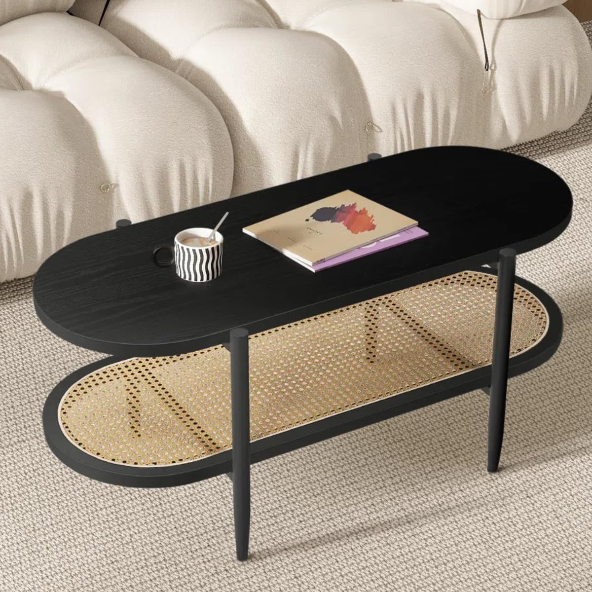 Oval Wood Coffee Table with Storage, Modern 2-Tier Wood Coffee Table ...
