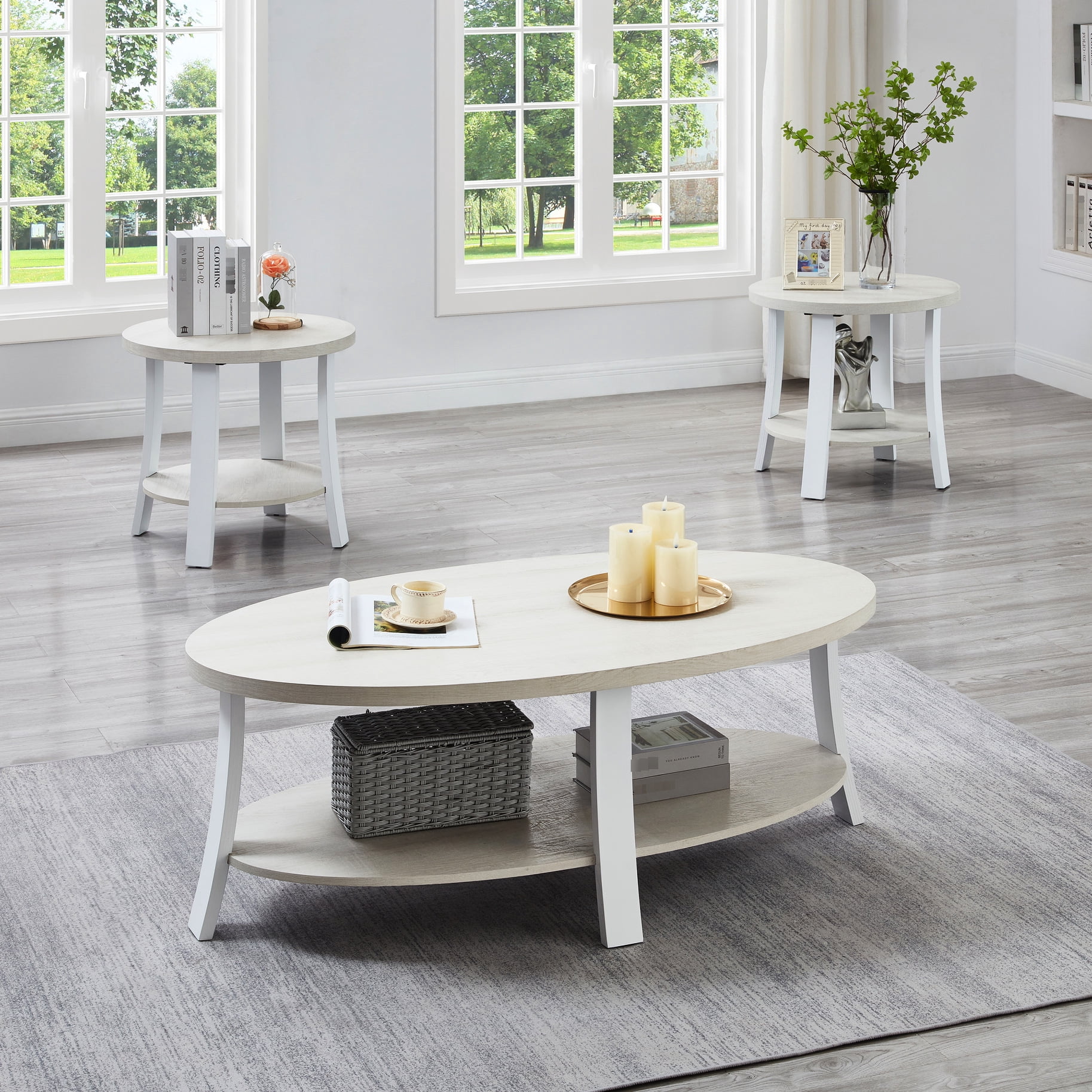 Oval Wood Shelf 3 Coffee Table - White Color, For Home Decor Finish ...