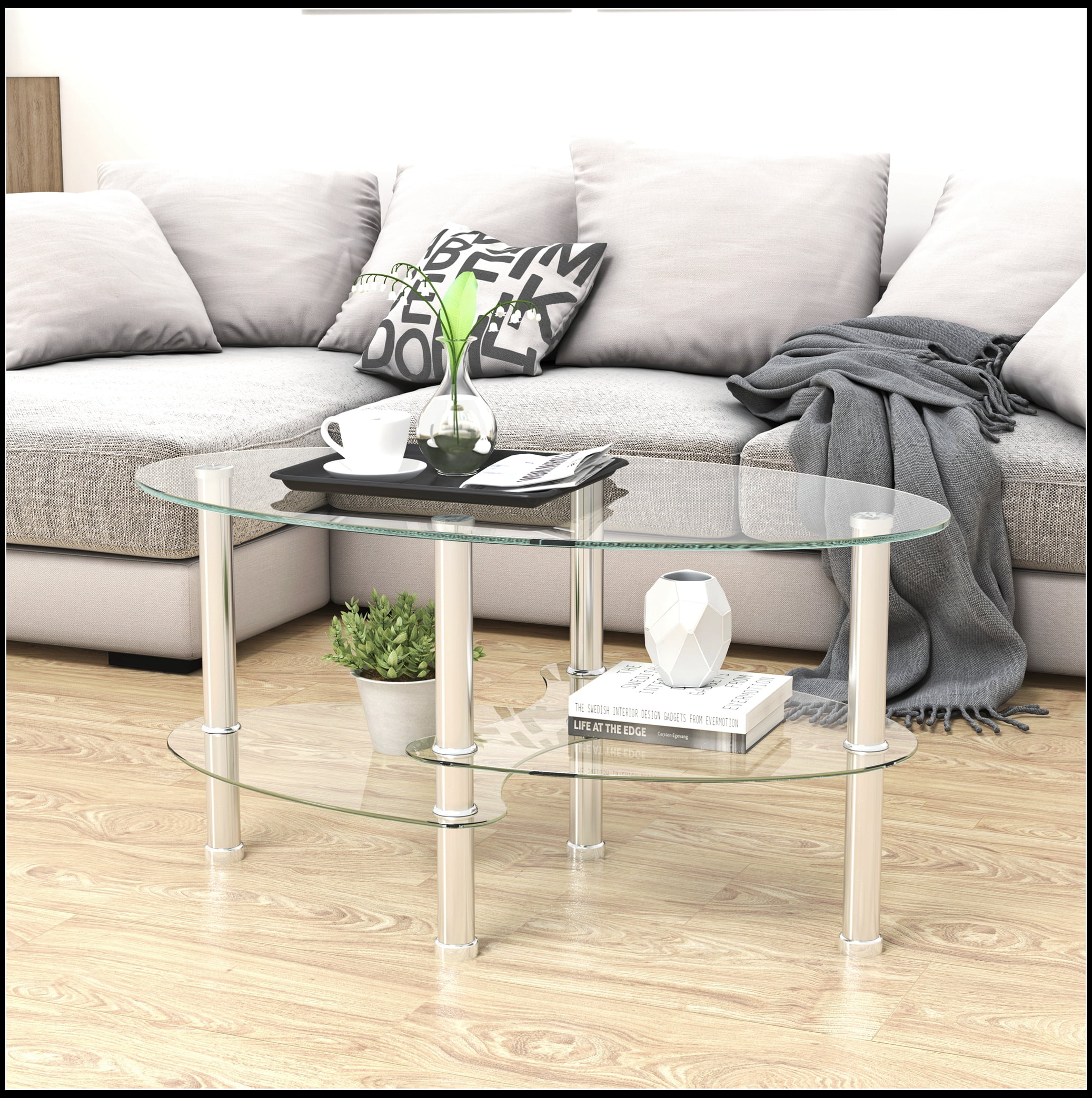 Oval glass coffee table, modern table with stainless steel leg, tea ...