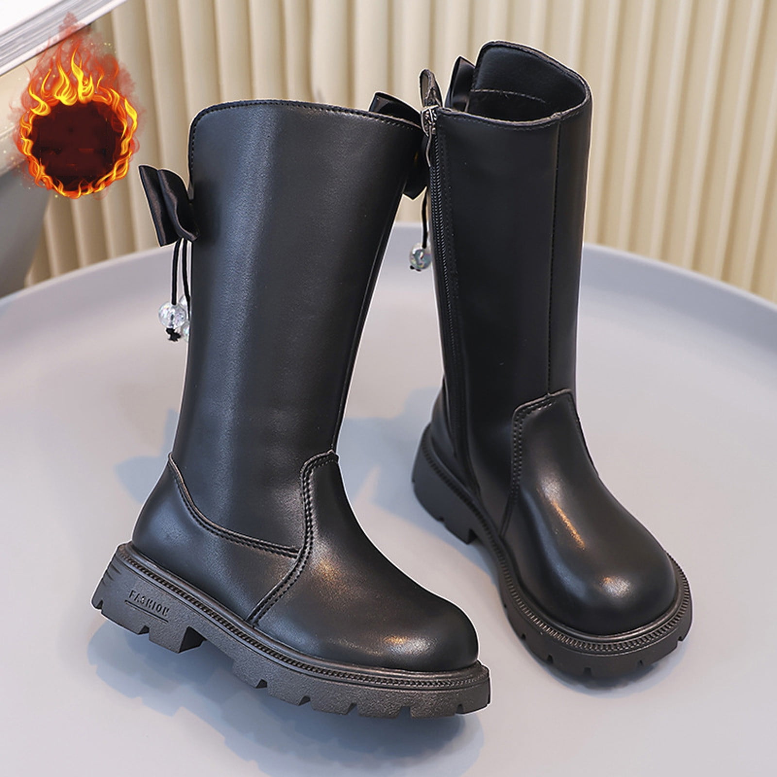 Ovbmpzd Black Girls Riding Boots Little Kids Leather Chunky Heel Mid ...
