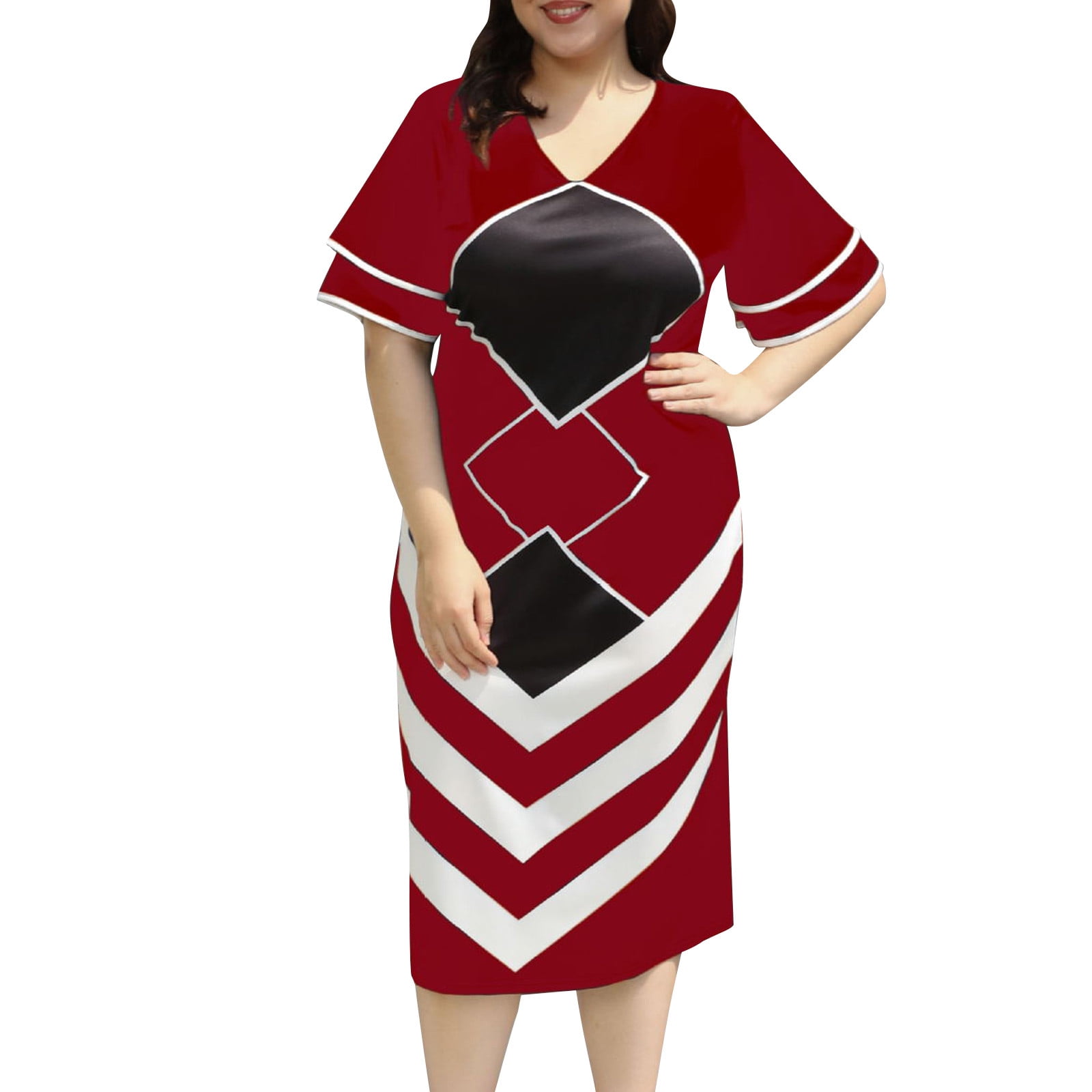 Ovbmpzd Dresses Women Plus Size Red Midi Dress Short Sleeve Knee Length ...