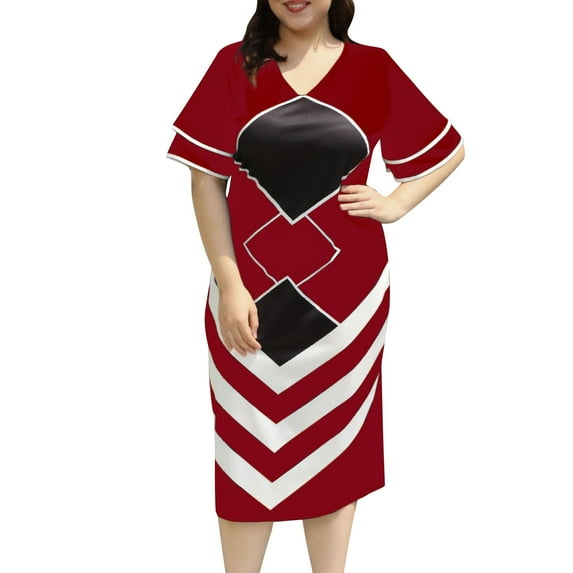 Ovbmpzd Dresses Women Plus Size Red Midi Dress Short Sleeve Knee Length ...
